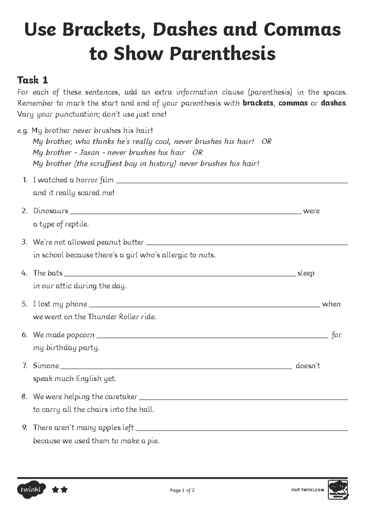 Use Brackets, Dashes & Commas for Parenthesis Activity Sheet - Studocu