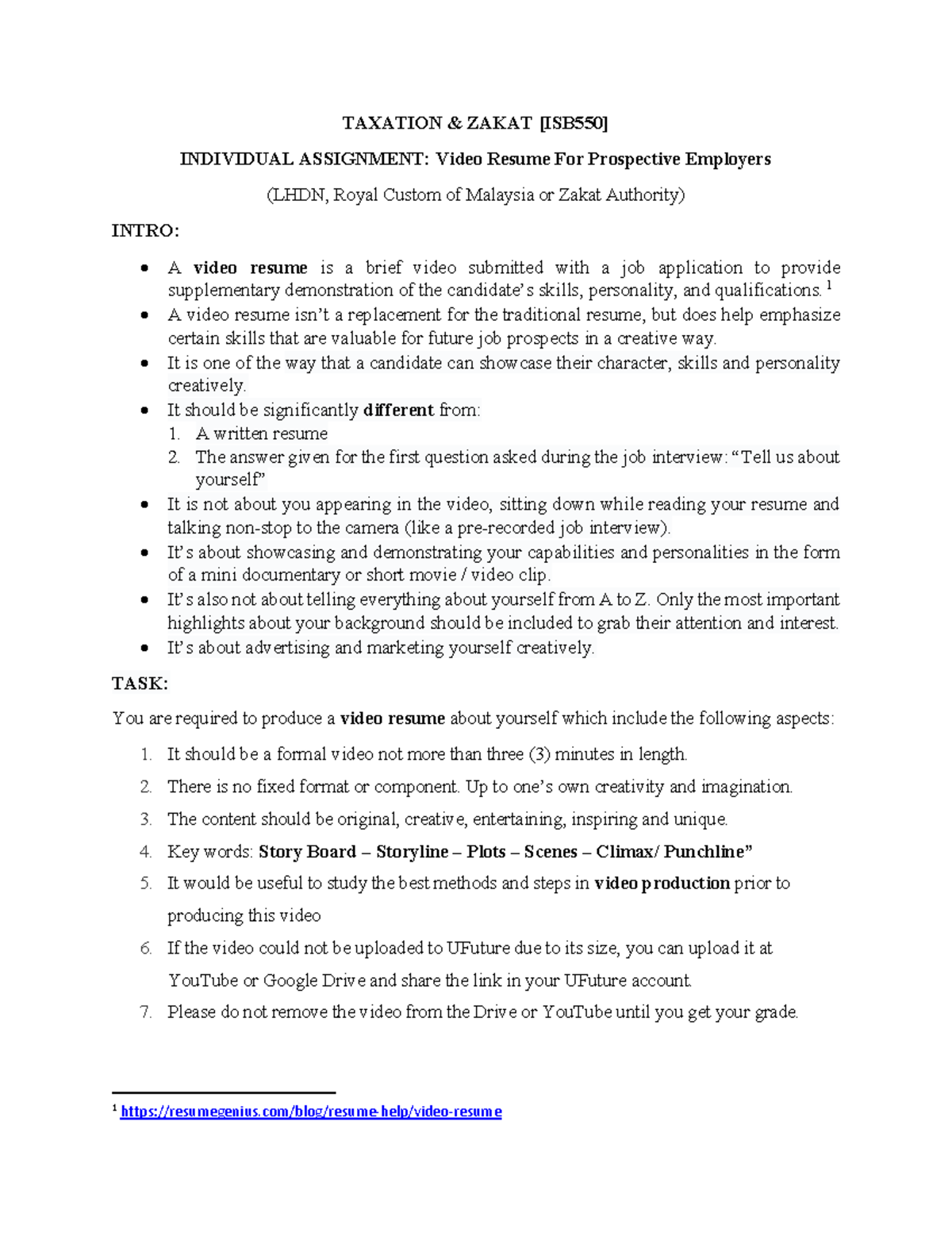 ISB550: Individual Video Resume Assignment Guidelines - Studocu
