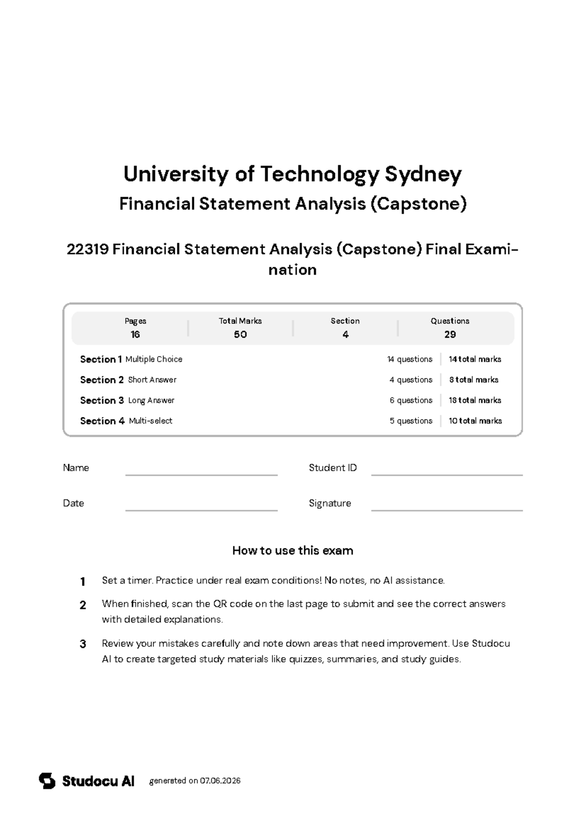 22319 Financial Statement Analysis Final Exam - Studocu