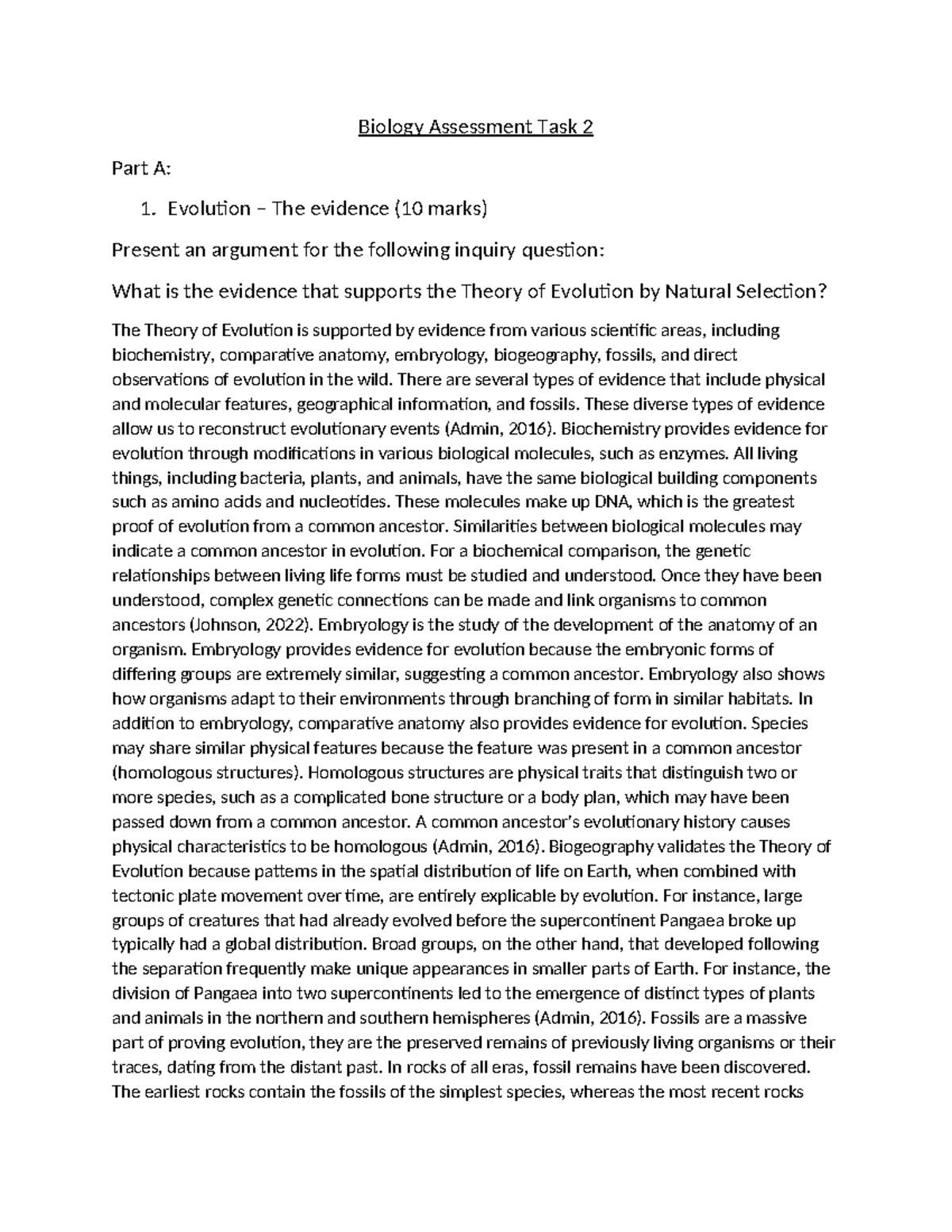 Biology Assessment 2: Evidence and Example of Evolution - Studocu