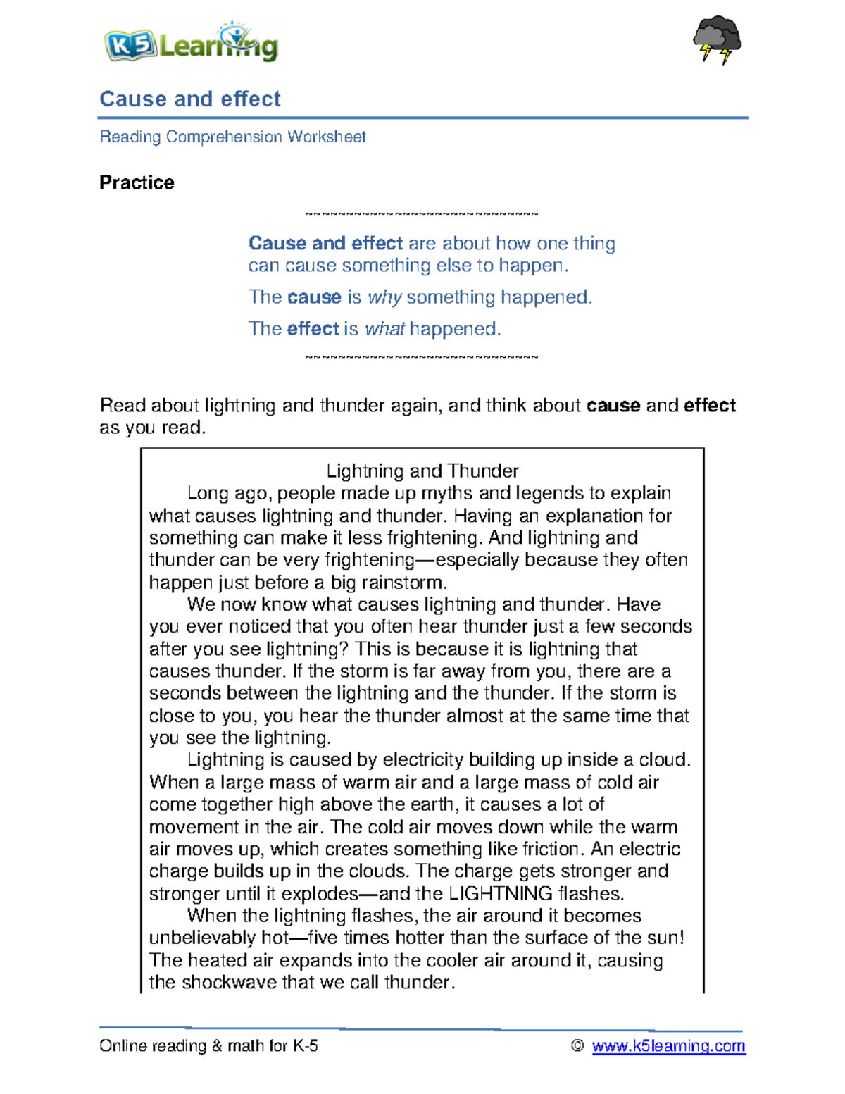 Grade 4 Cause and Effect Reading Comprehension Worksheet - Studocu