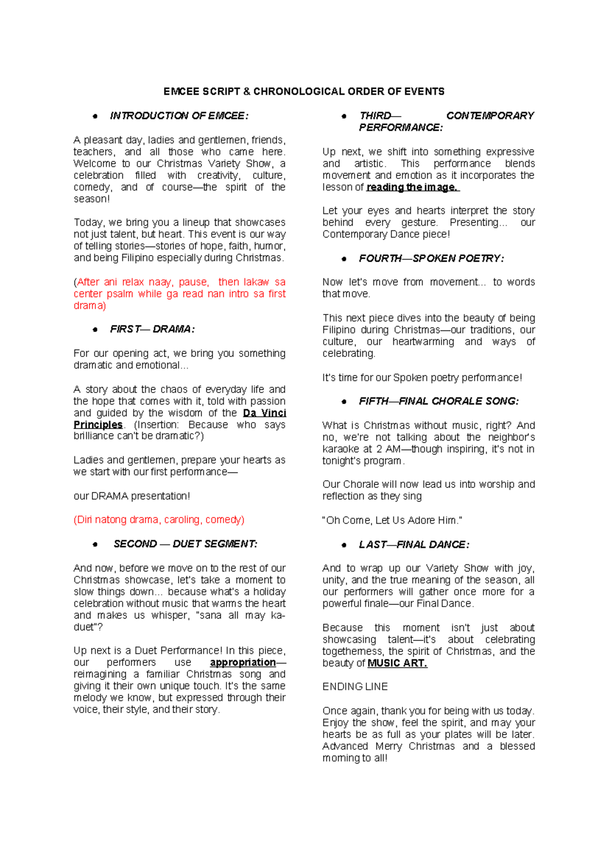 EMCEE SCRIPT: Christmas Variety Show Program Outline - Studocu