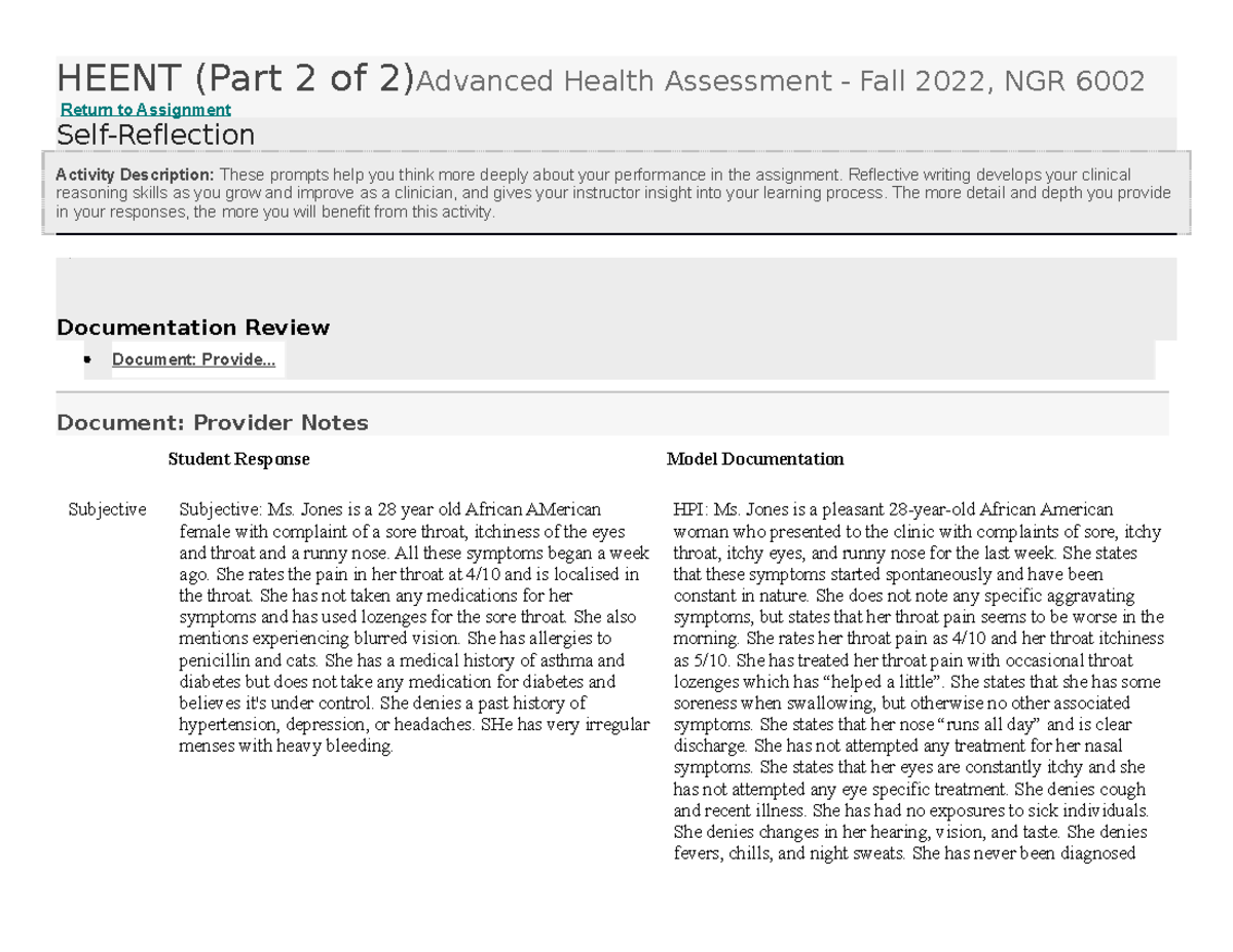 HEENT SOAP Notes: Advanced Health Assessment NGR 6002 - Fall 2022 - Studocu
