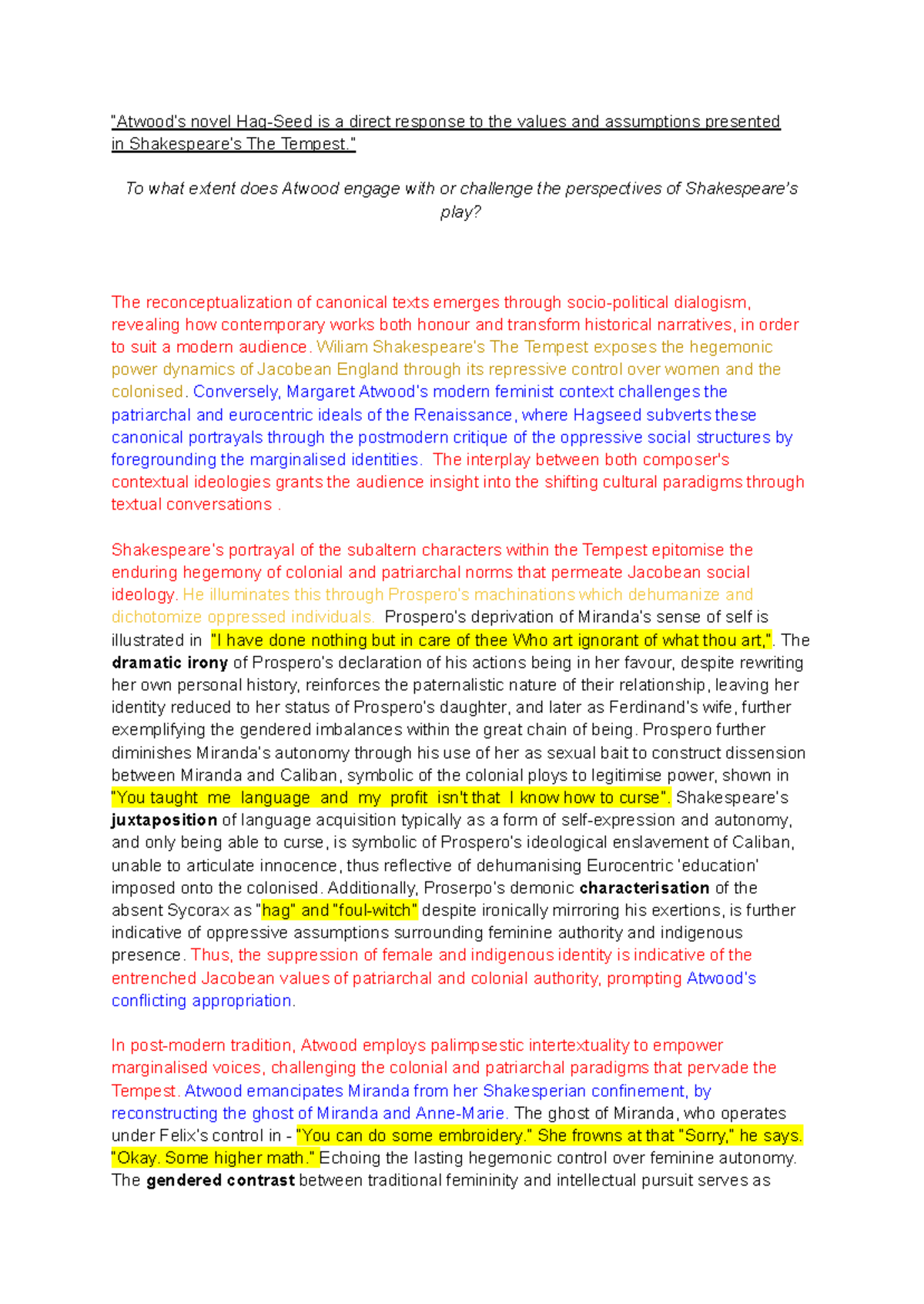 Mod A Essay Engaging With Feminism In Tempest And Hagseed Studocu