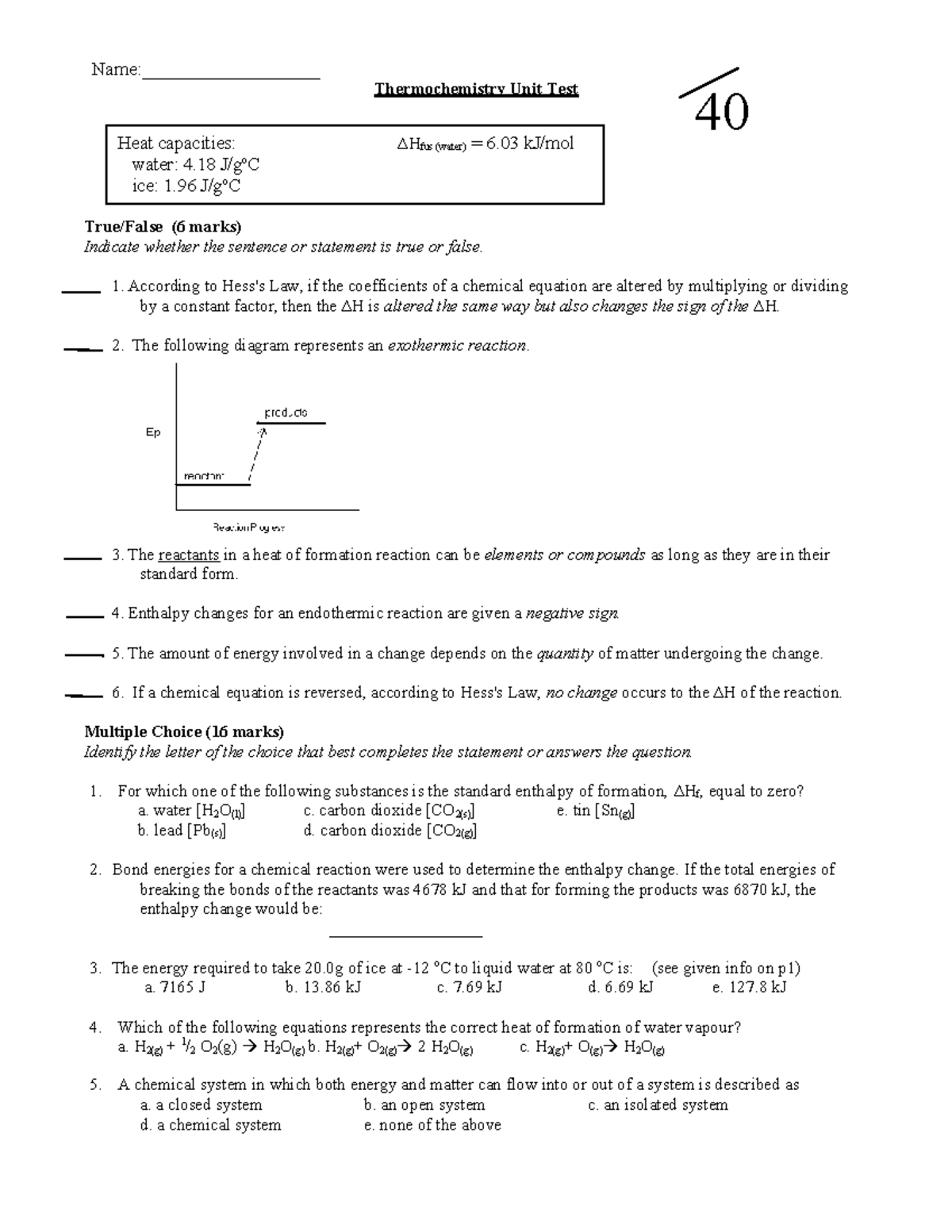 Thermochemistry Unit Test Review: Key Concepts and Practice Questions ...