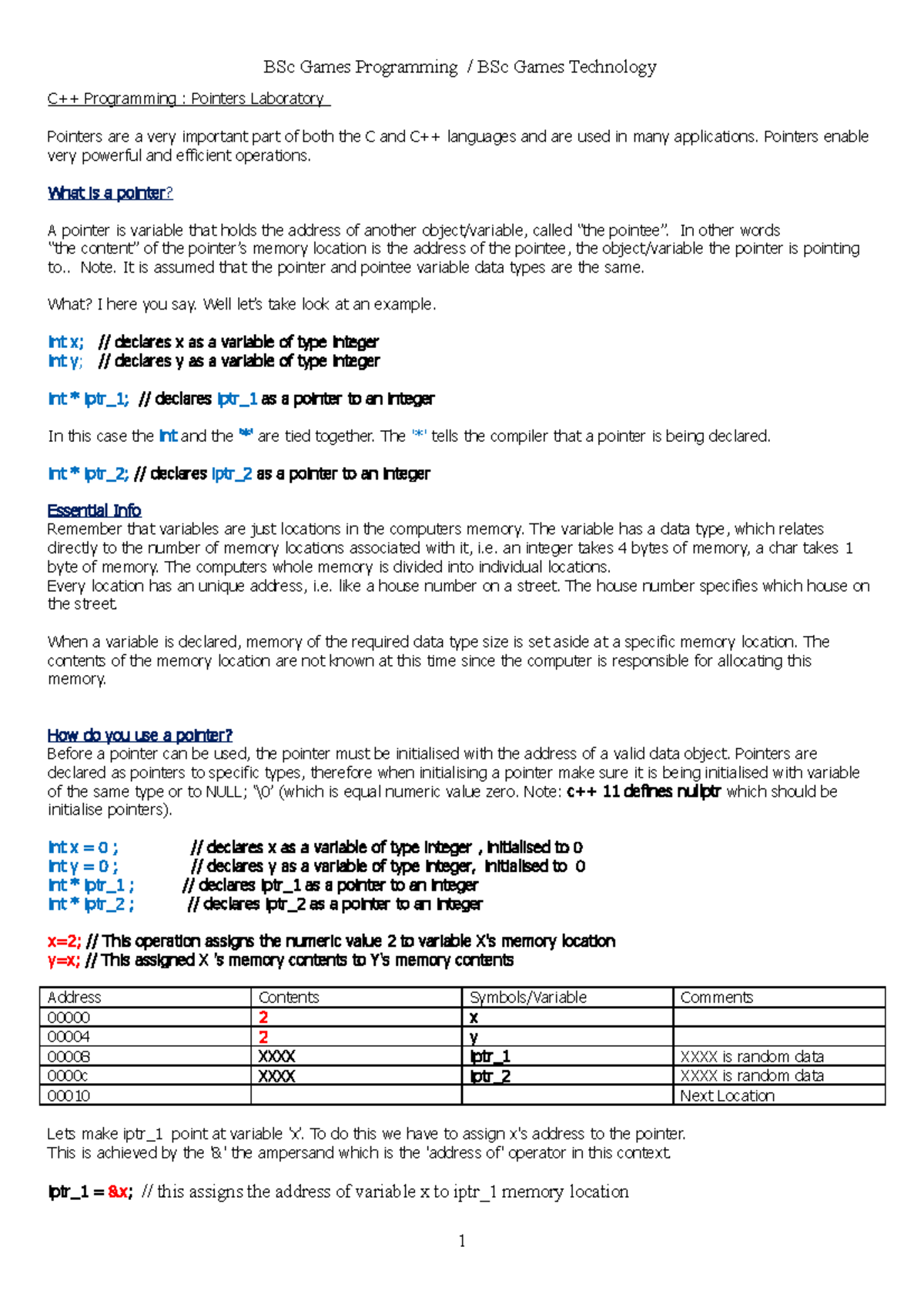 Software Programming Pointers Lab part1 Ver1 0 - BSc Games Programming ...