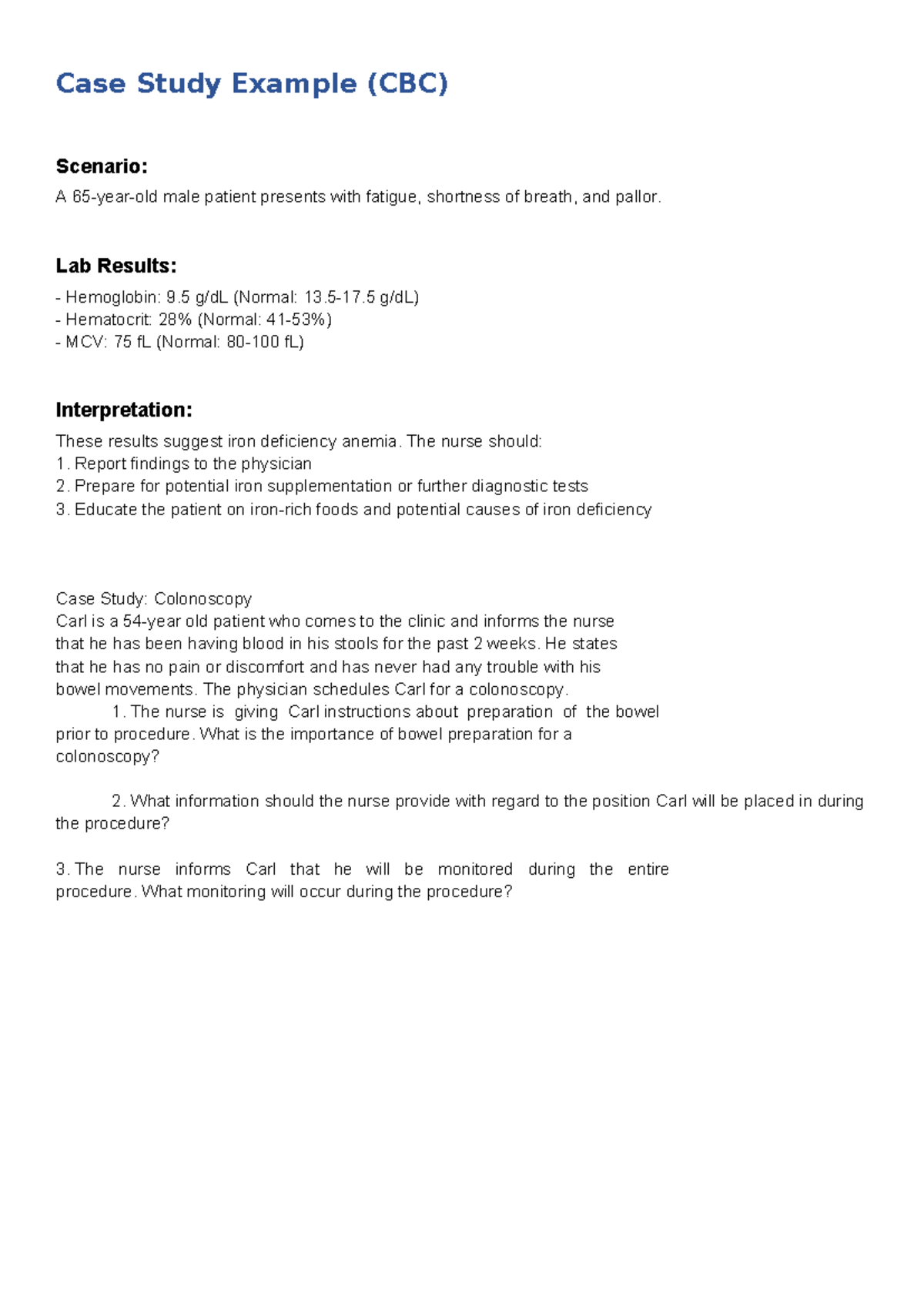 CBC Case Study: Iron Deficiency Anemia & Colonoscopy Preparation - Studocu
