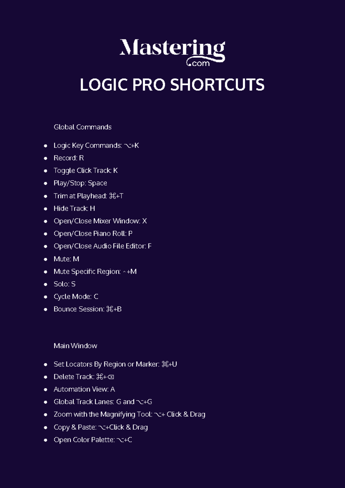 Logic Pro Shortcuts: Essential Key Commands for Music Production - Studocu