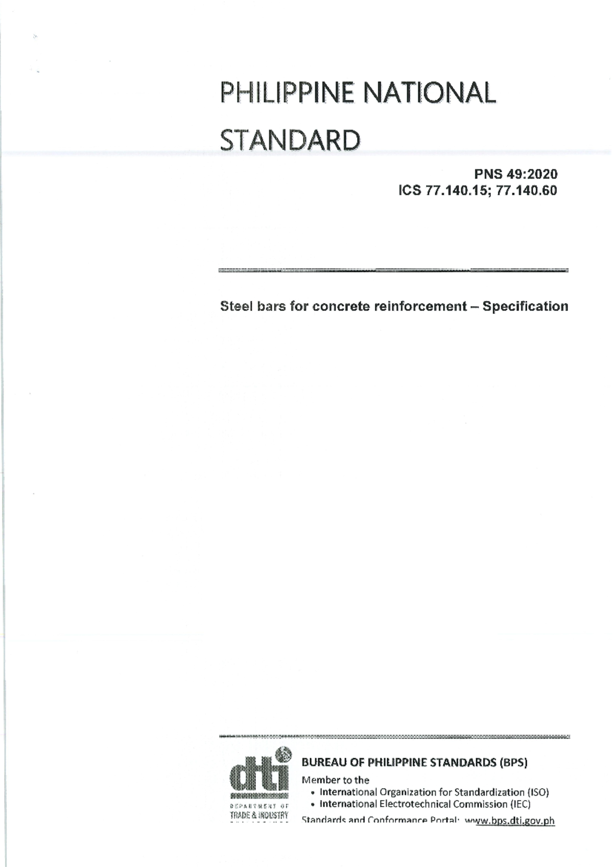 PNS 49:2020 - Philippine National Standard for Concrete Reinforcement Bars - Studocu