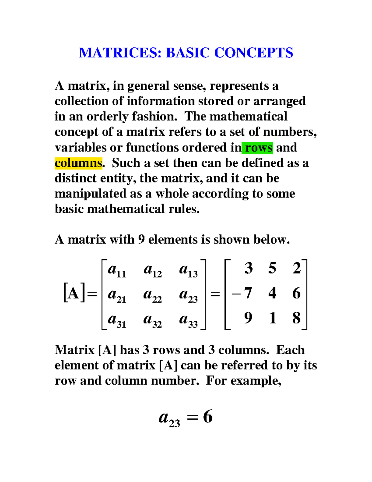MATH101: Matrices - Basic Concepts and Operations - Studocu