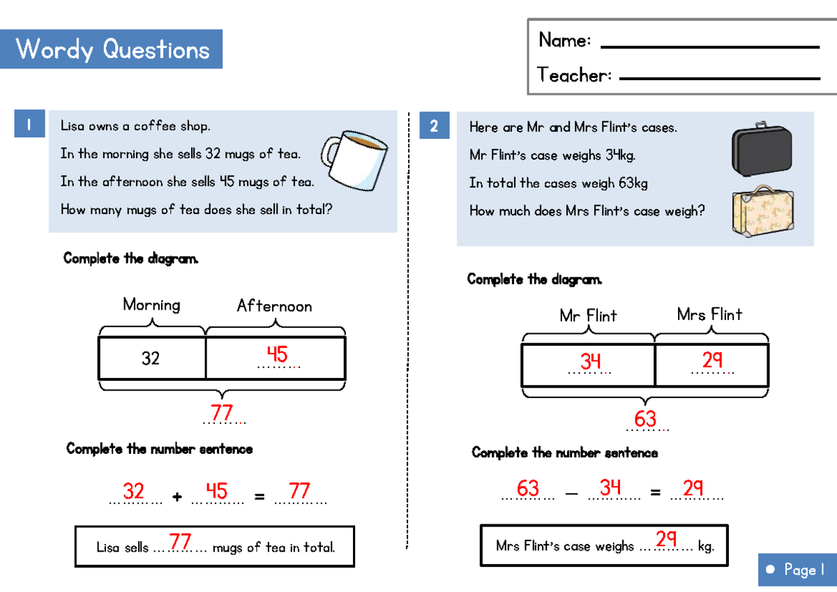 Worksheet 2: Bar Model Part-Whole Word Problems & Answers - Studocu