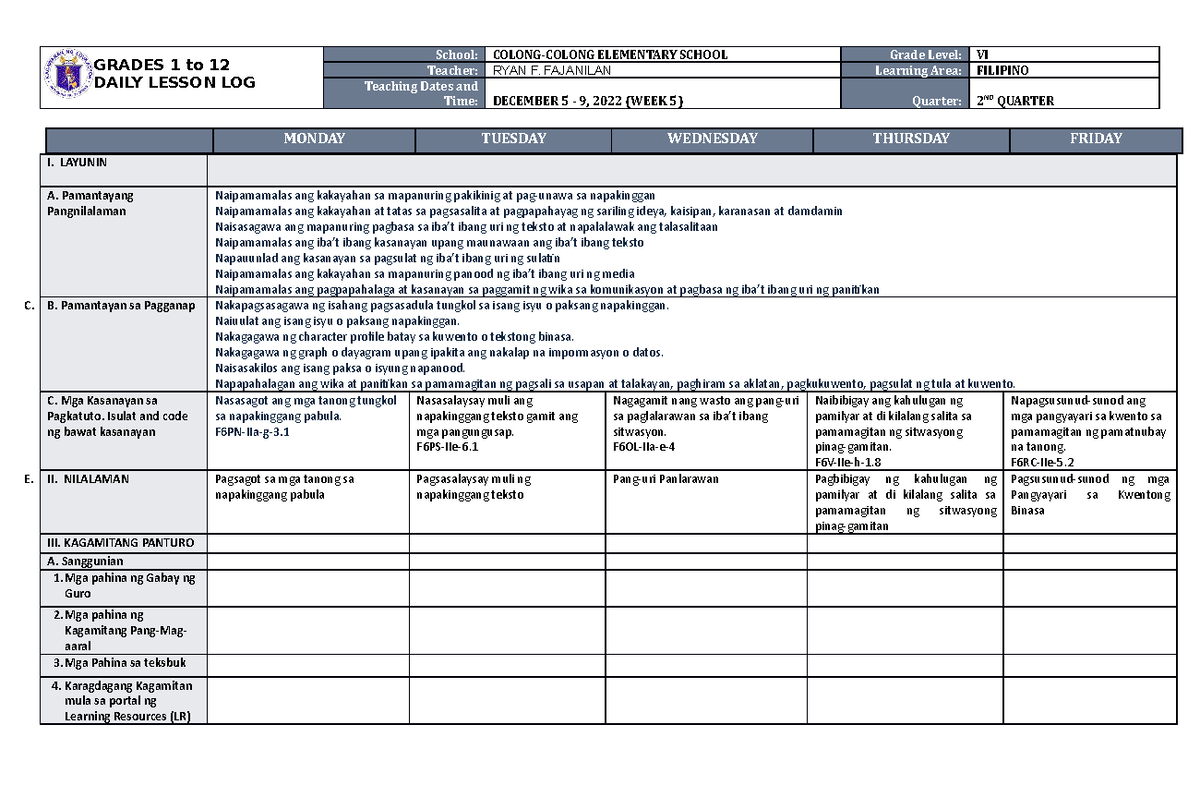 DLL Filipino 6 Q2 W5 - Daily Lesson Log - GRADES 1 to 12 DAILY LESSON ...
