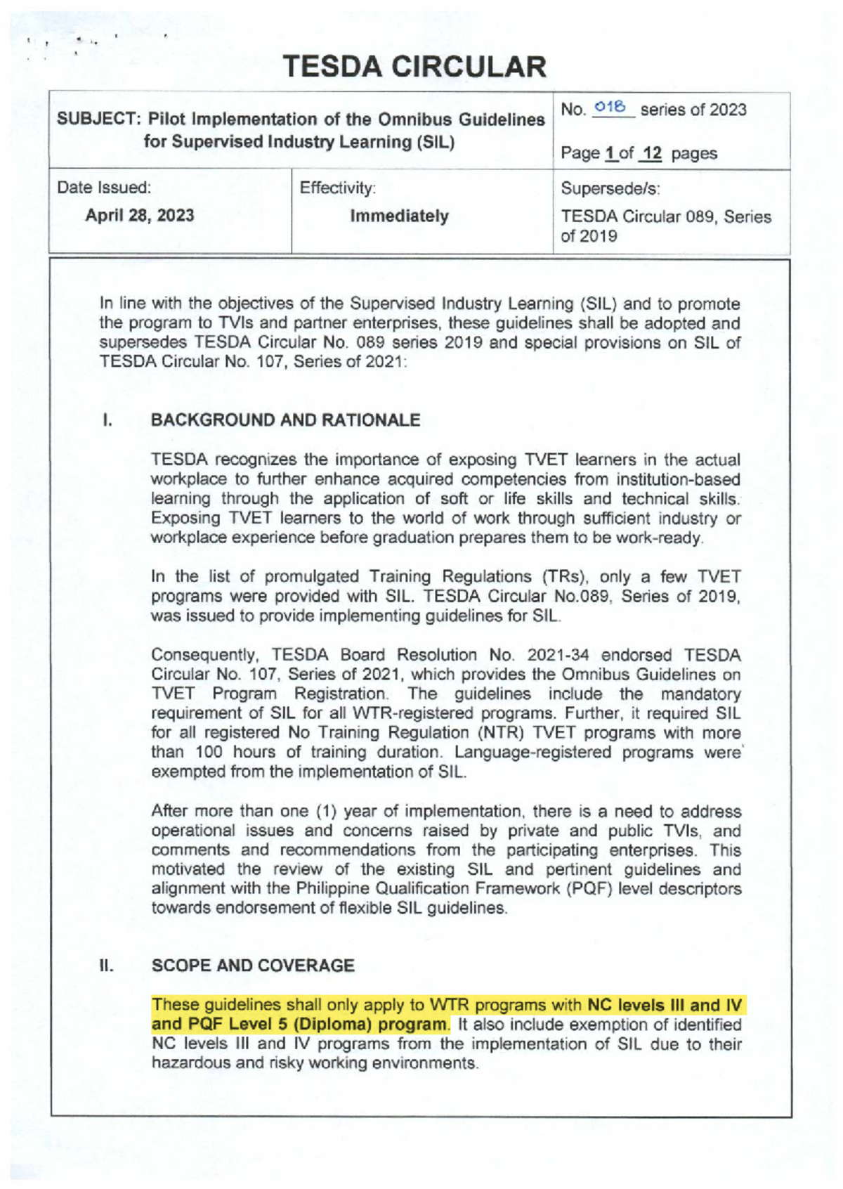 TESDA Circular No. 018-2023: Omnibus Guidelines for Supervised Industry ...
