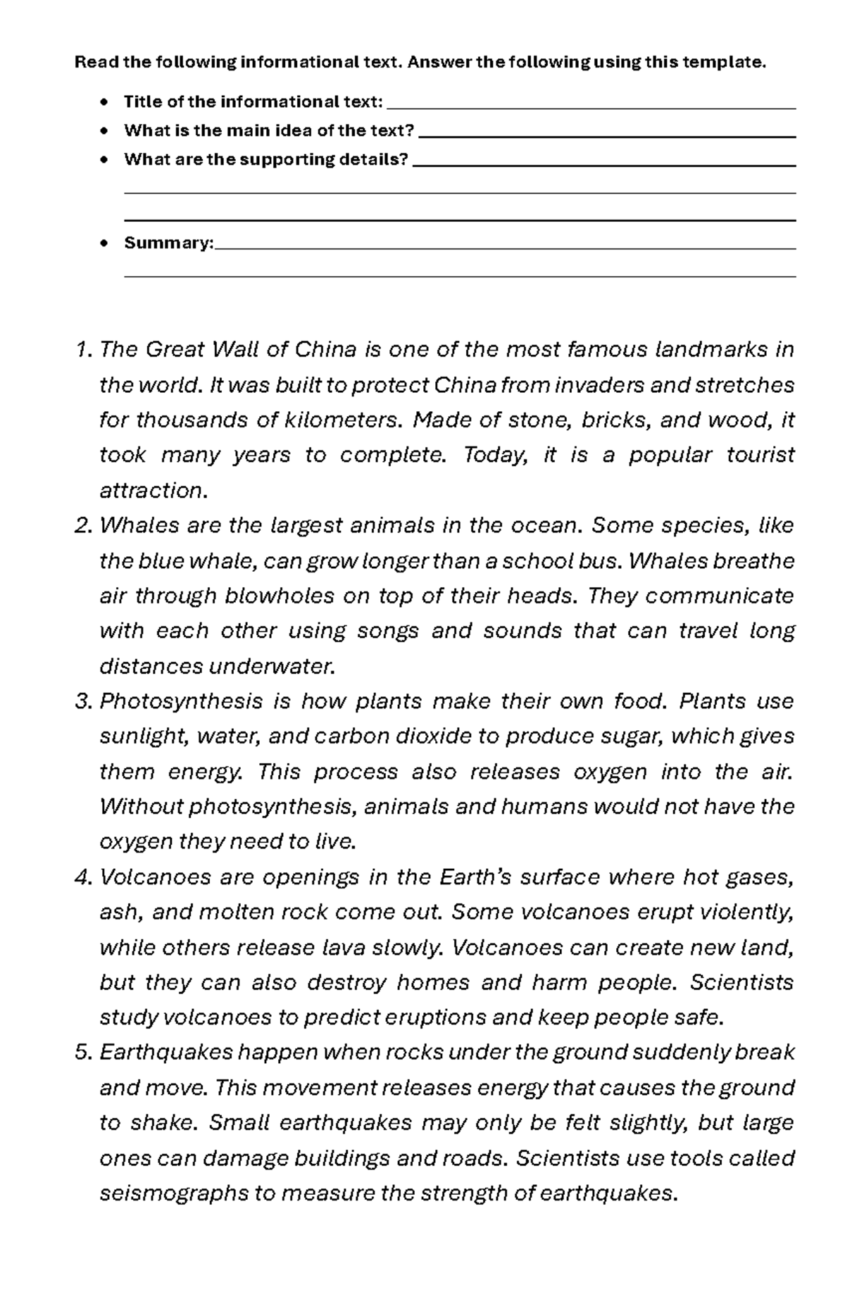 Grade 5 Summarizing Activity: Informational Text Insights - Studocu