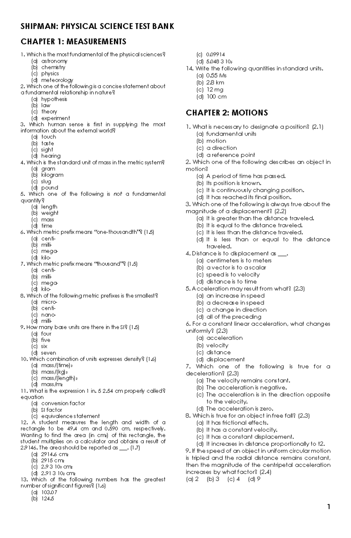 SHIPMAN: PHYSICAL SCIENCE TEST BANK - CHAPTER 1 TO 24 OVERVIEW - Studocu