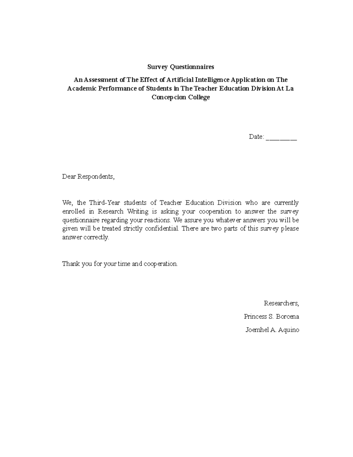 Survey Questionnaires: Impact of AI on Academic Performance in Teacher ...