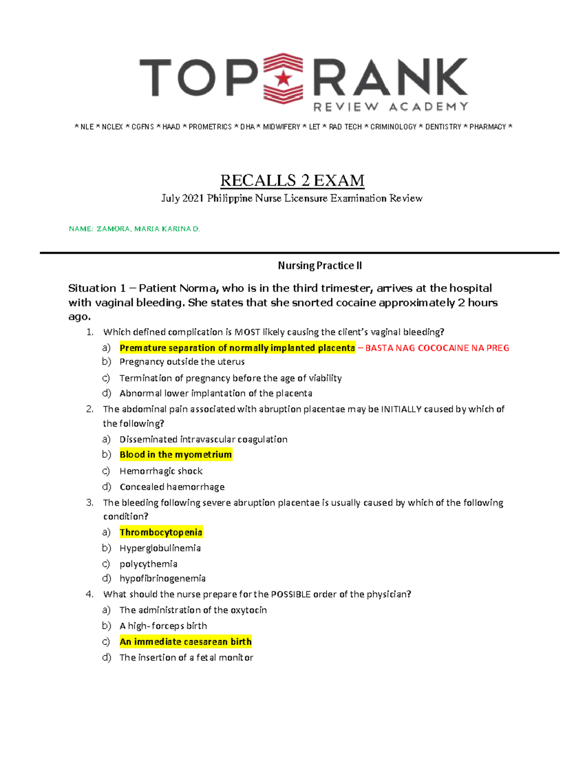 Nursing Practice II Review: NLE July 2021 Exam Questions & Answers ...