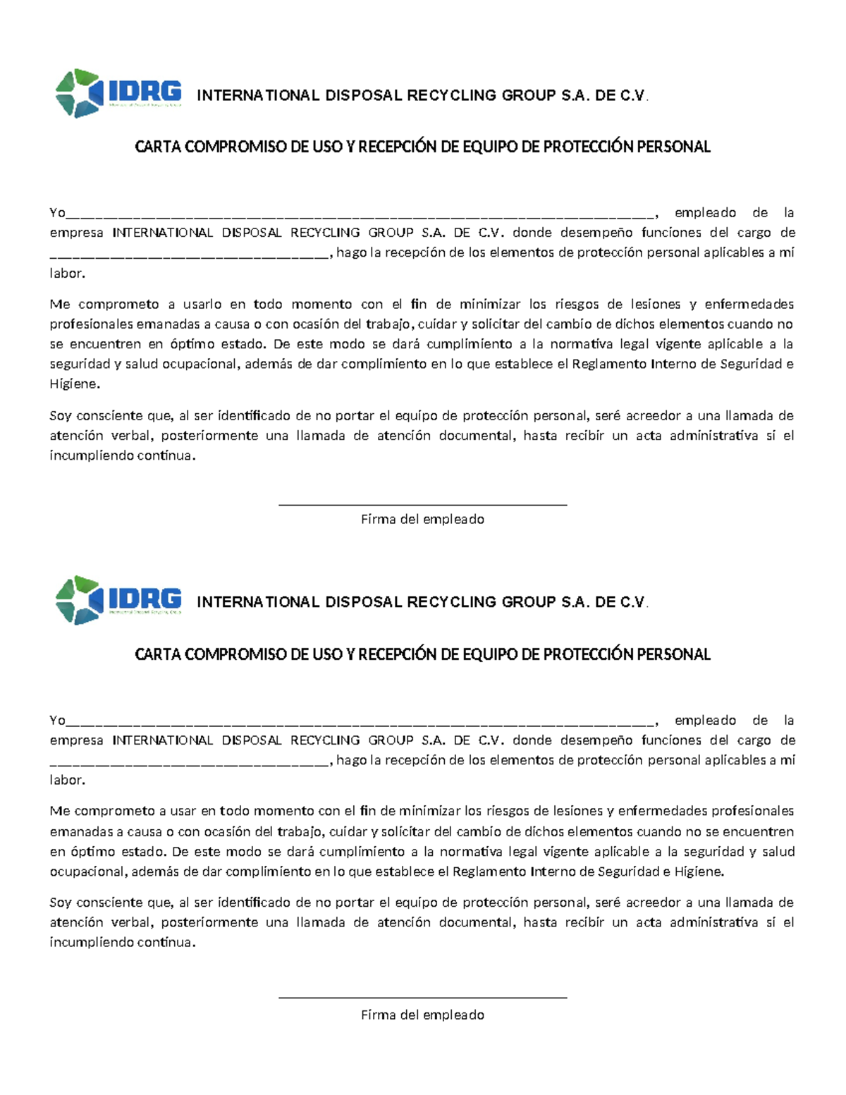 Carta Compromiso de Uso EPP - International Disposal Recycling Group - Studocu
