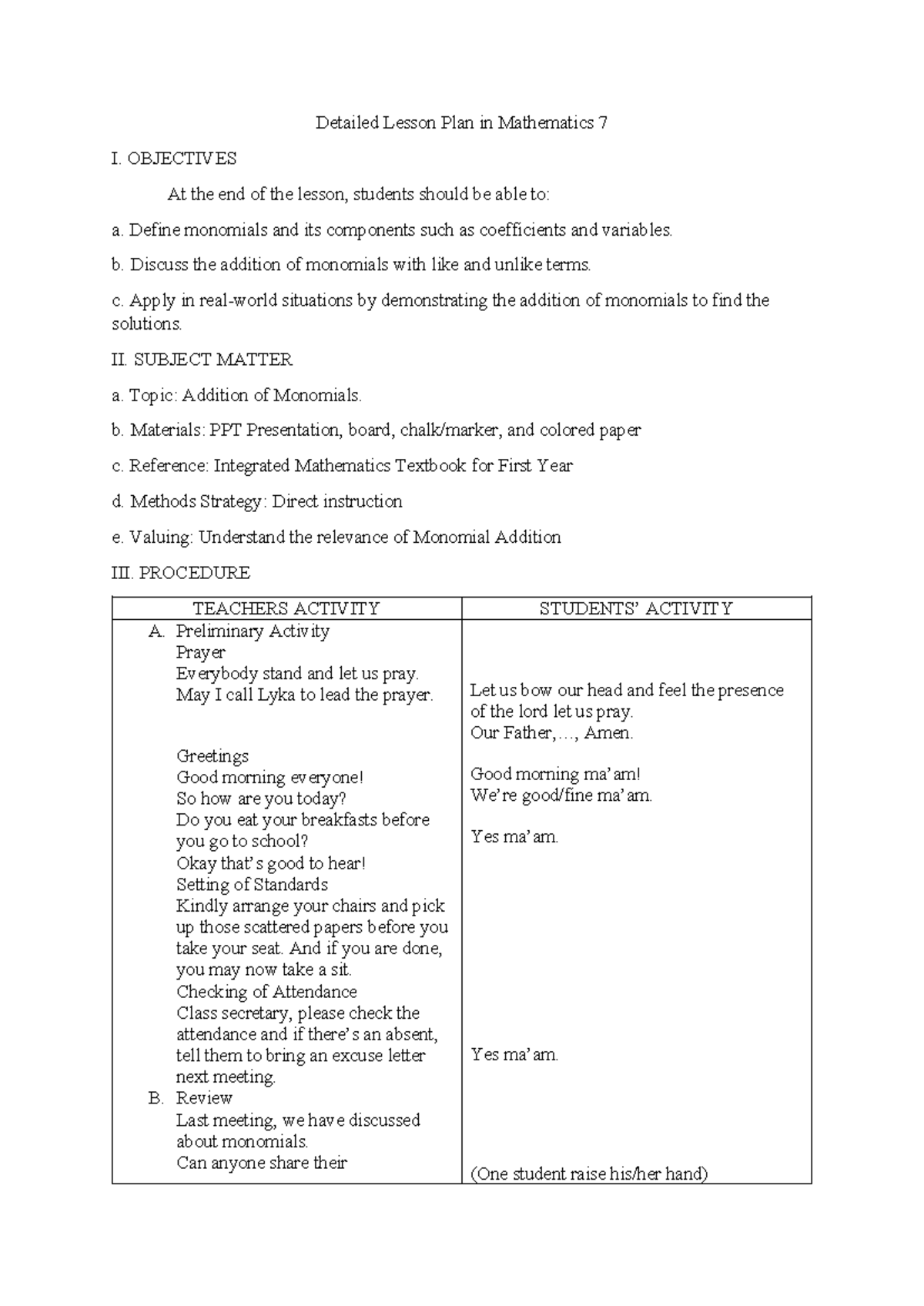 Mathematics 7 Lesson Plan: Addition of Monomials - Studocu
