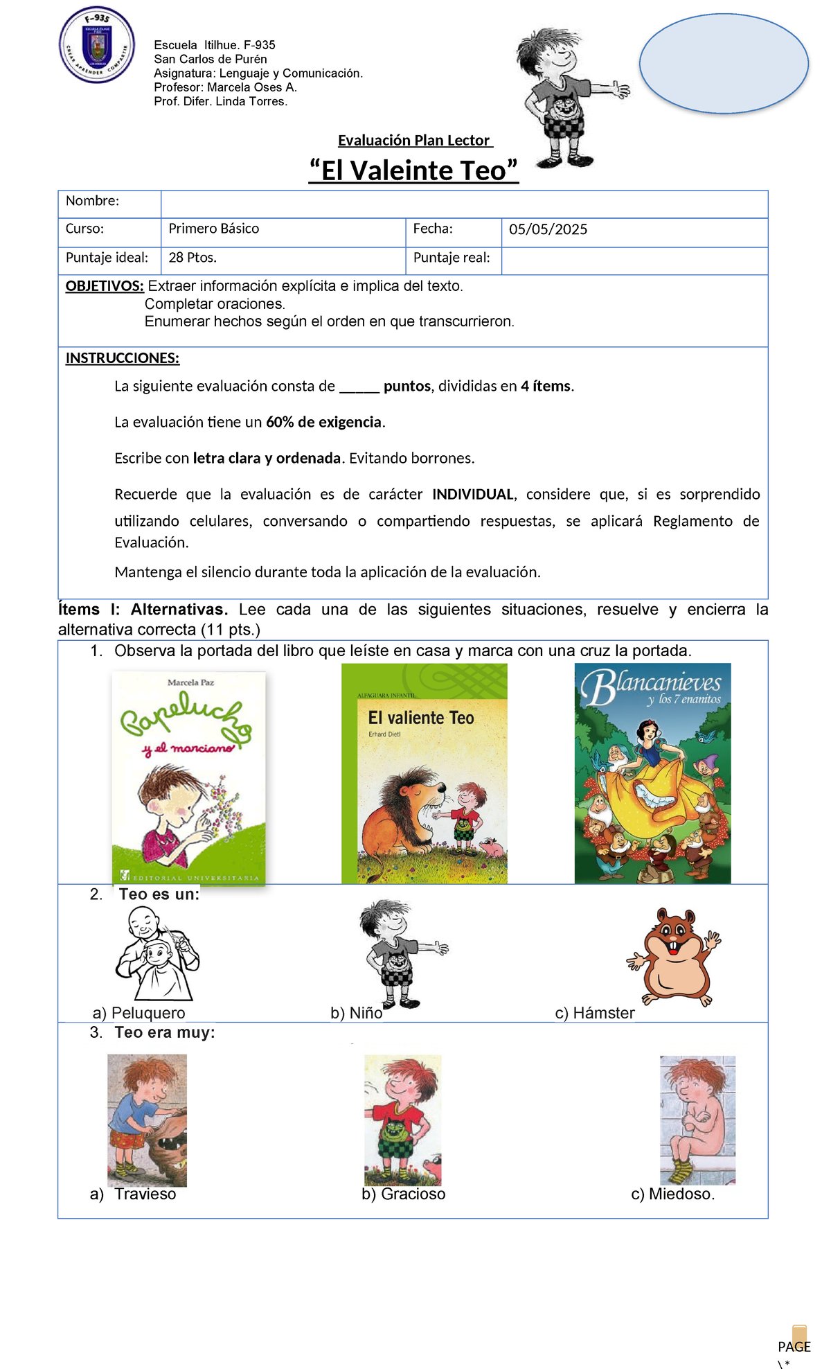 Evaluación Lenguaje y Comunicación: El Valiente Teo - Primero Básico ...