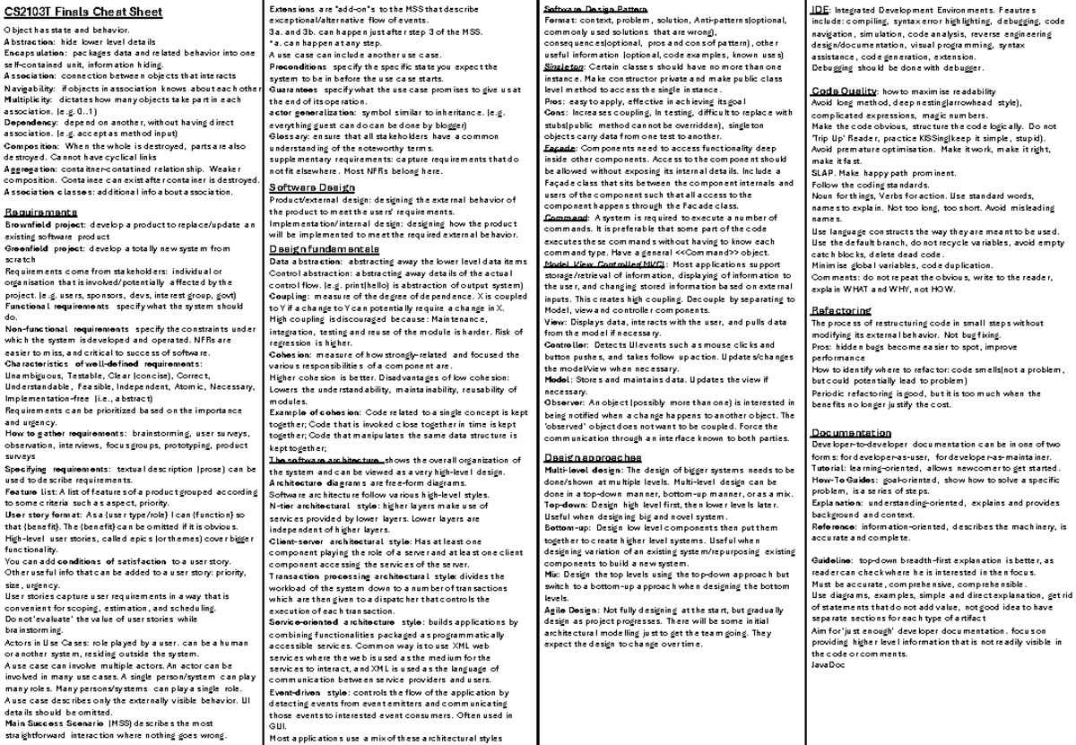 CS2103T Final Exam Cheat Sheet: Key Concepts in Software Design - Studocu