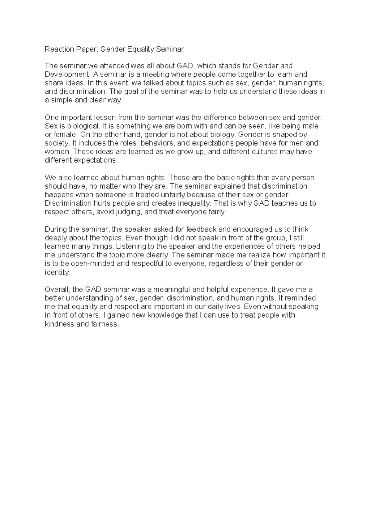 Reaction Paper: GAD Seminar on Gender Equality Insights - Studocu