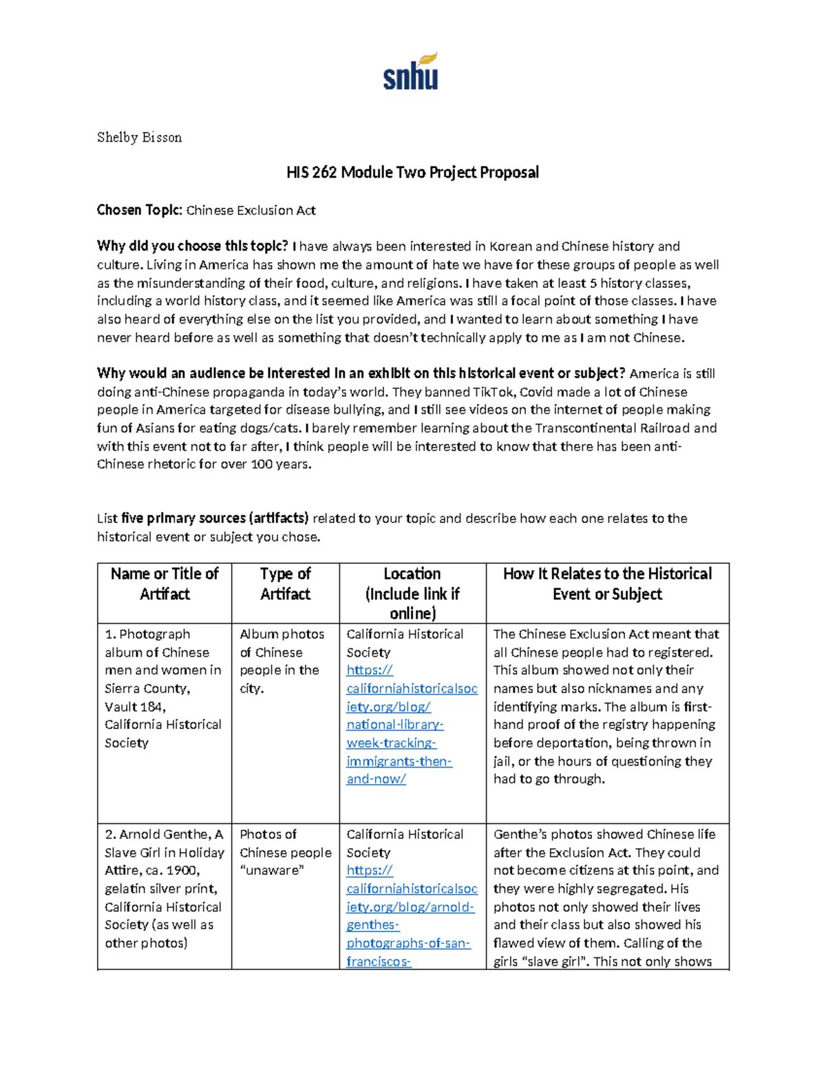 HIS 262 Module Two Project Proposal: Exploring the Chinese Exclusion ...