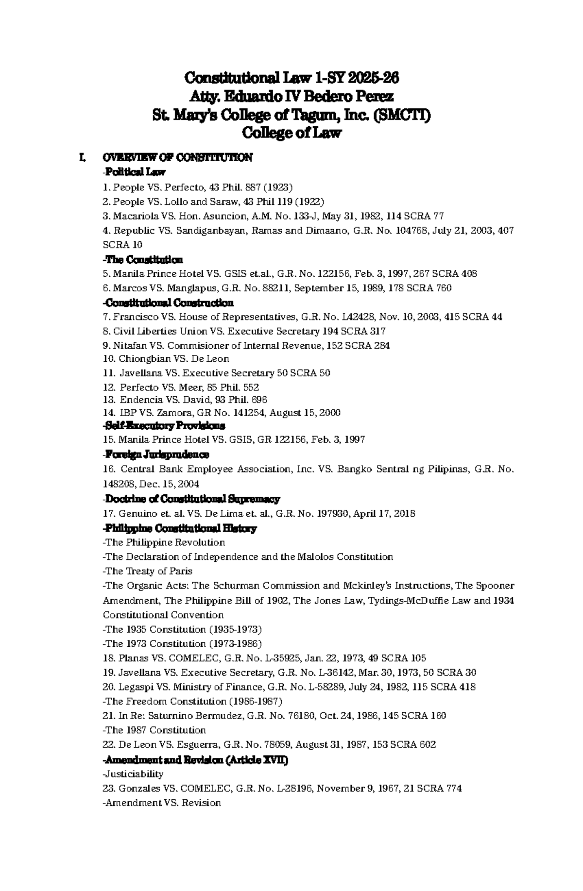 Constitutional Law 1 Course Outline 2025-26: Key Cases & Principles ...