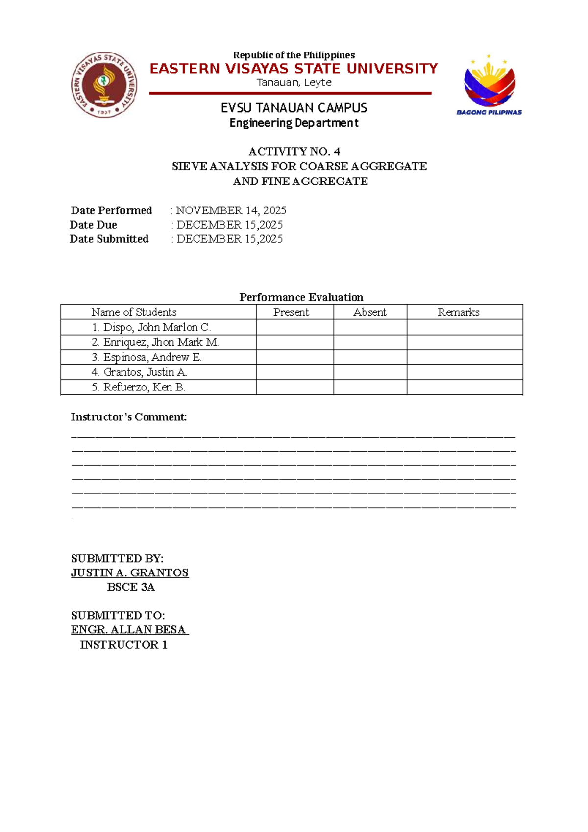 EVSU BSCE 3A Activity No. 4: Sieve Analysis of Aggregates - Studocu