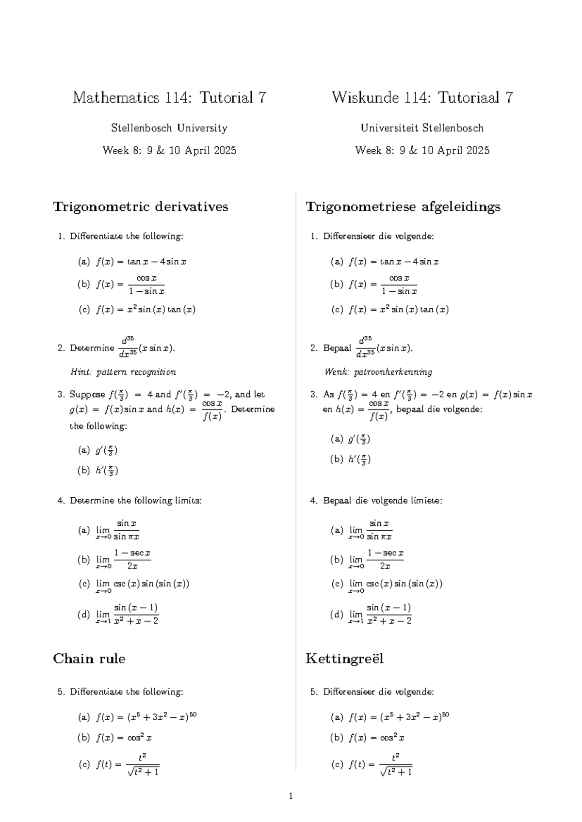 Tutorial 7 Mathematics 114 Tutorial 7 Stellenbosch University Week 8