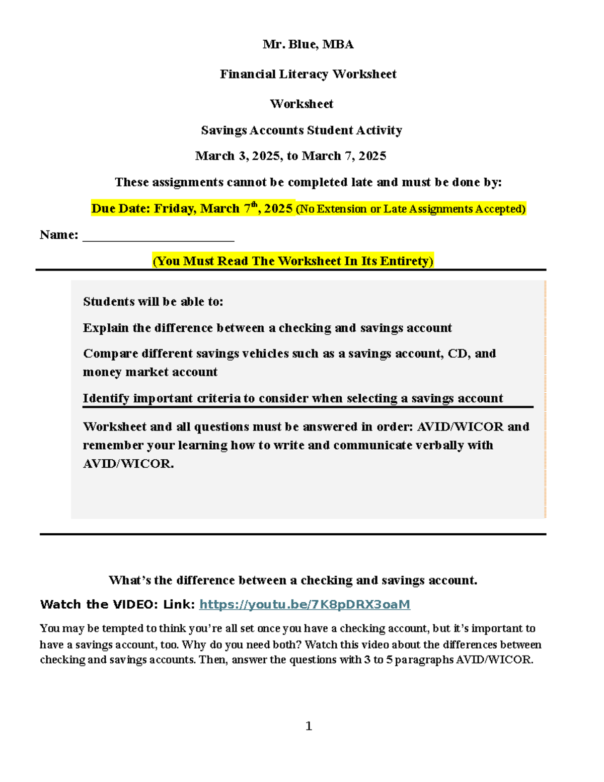 Savings Accounts Student Activity - Mr. Blue, MBA Financial Literacy ...