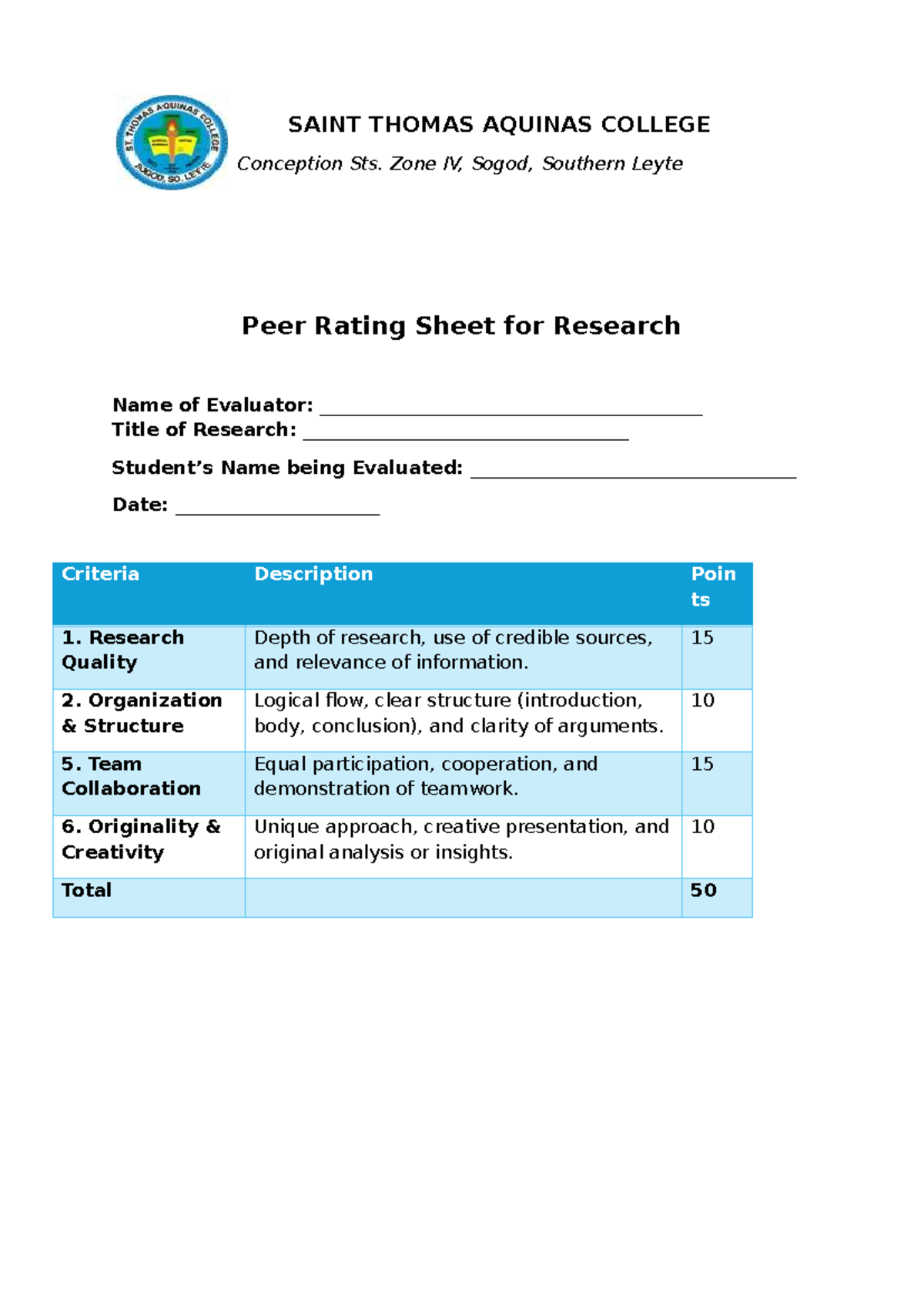 Peer Rating Rubric for Research Evaluation - Course Code: 22222 - Studocu