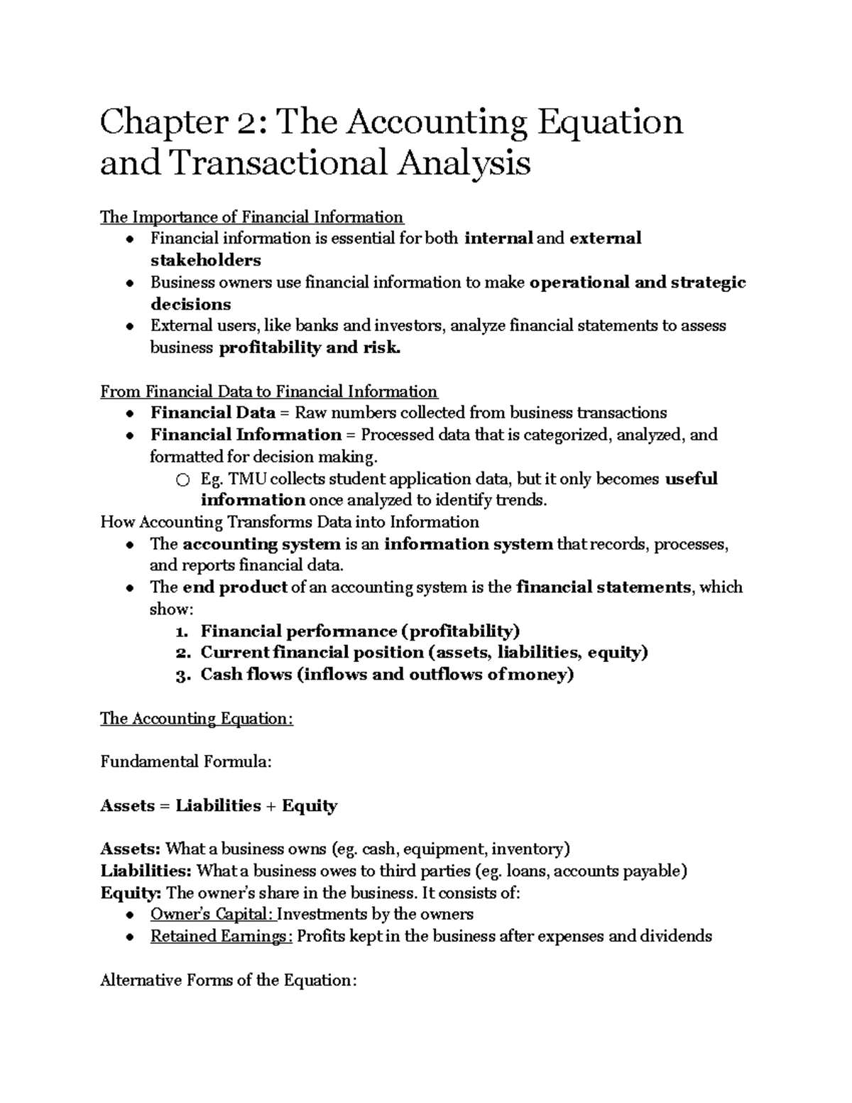 ACC 100 Chapter 2 notes - Chapter 2: The Accounting Equation and ...