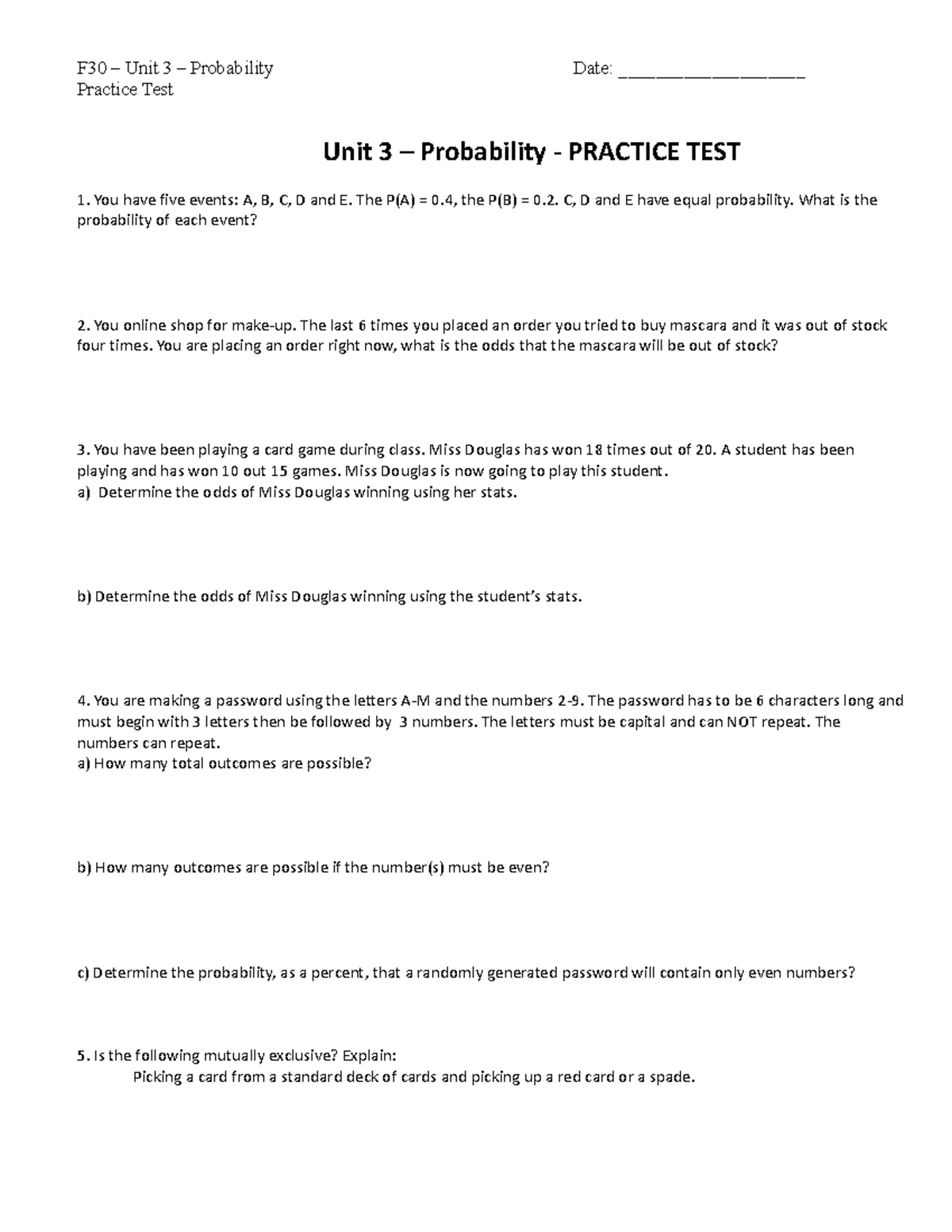 F30 Unit 3 Probability Practice Test - Comprehensive Review - Studocu