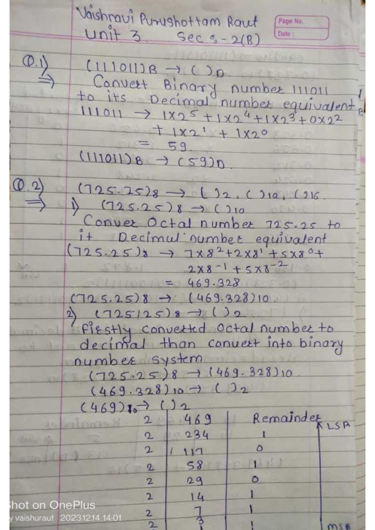 Unit 3 Sec Q1-Q5: Converting Between Binary, Octal, Decimal, and ...