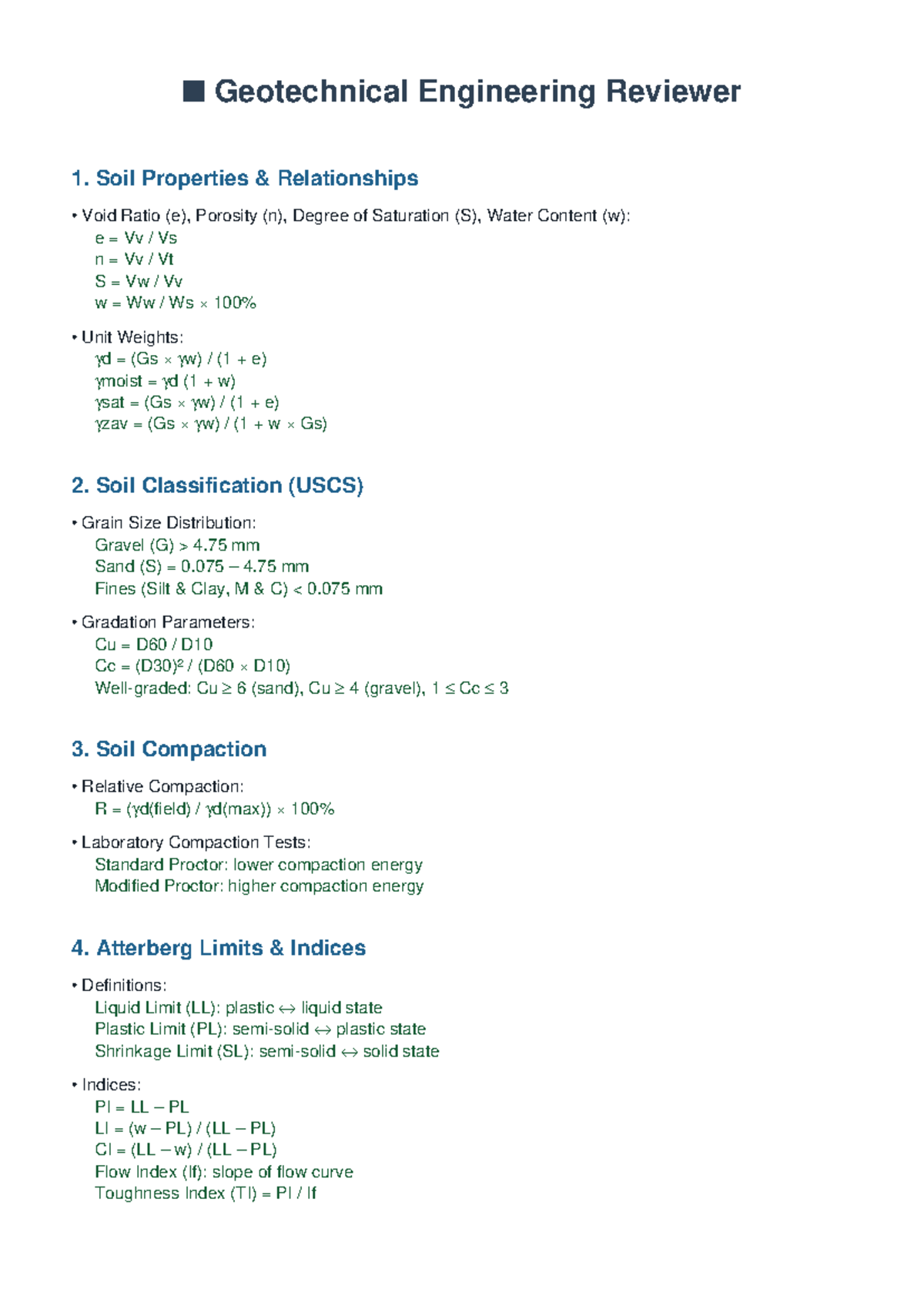 Geotech Engineering Reviewer: Soil Properties & Formulas - Studocu
