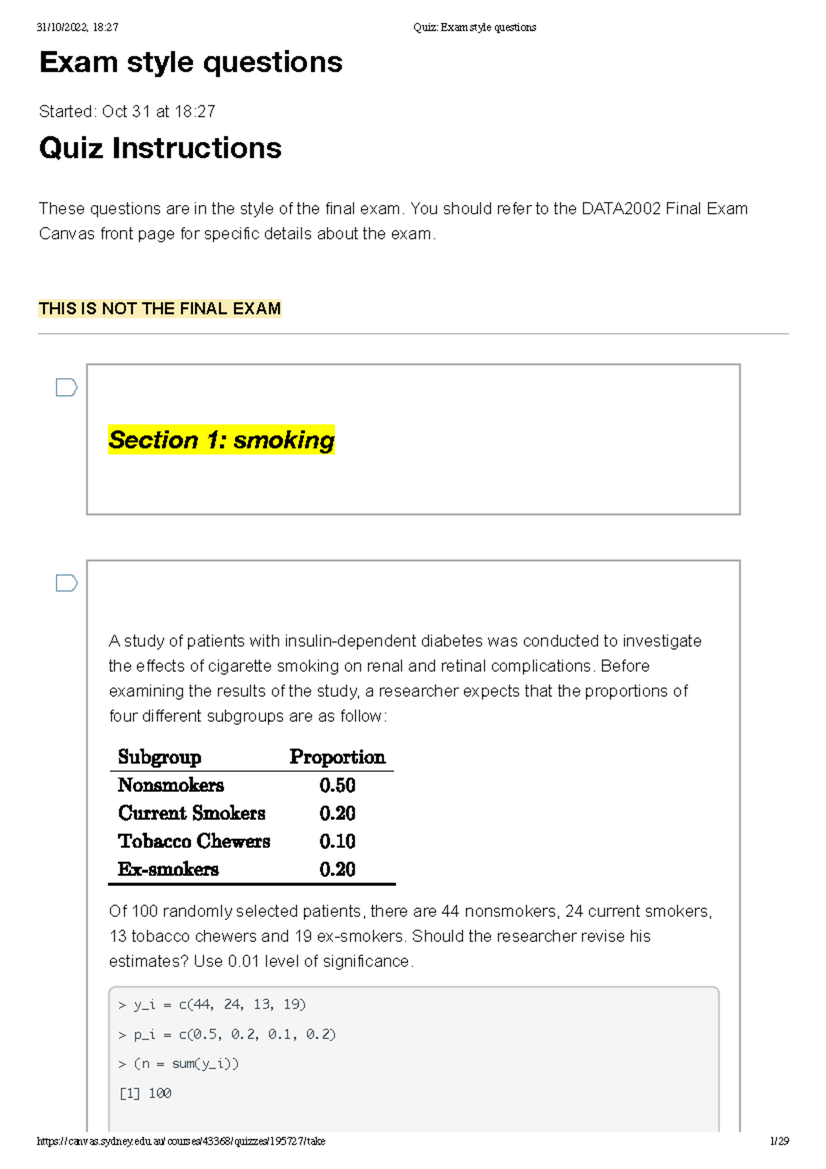 DATA2002 Exam style questions - Exam style questions Started: Oct 31 at ...