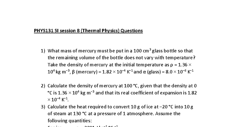 PHYS131 SI Session 8: Thermal Physics Questions and Solutions - Studocu