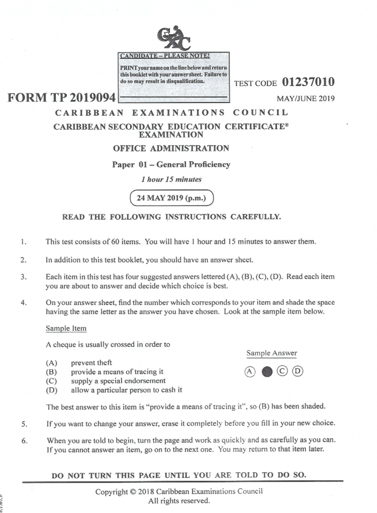 CSEC Office Administration General Proficiency Paper 01 June 2019 - Studocu