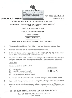 CSEC Office Administration Exam Paper 01 - General Proficiency, June ...