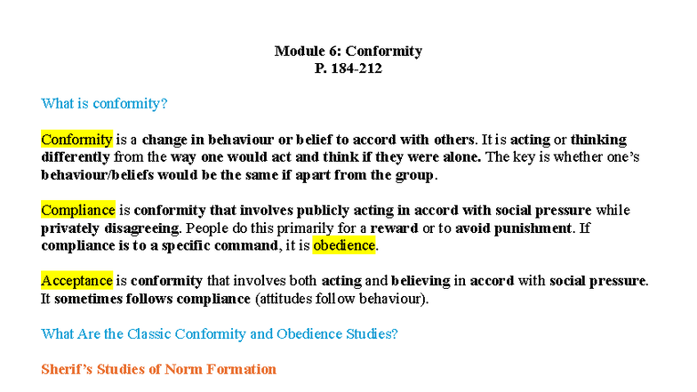 Module 6: Conformity - Week 6 Study Notes & Practice Questions - Studocu