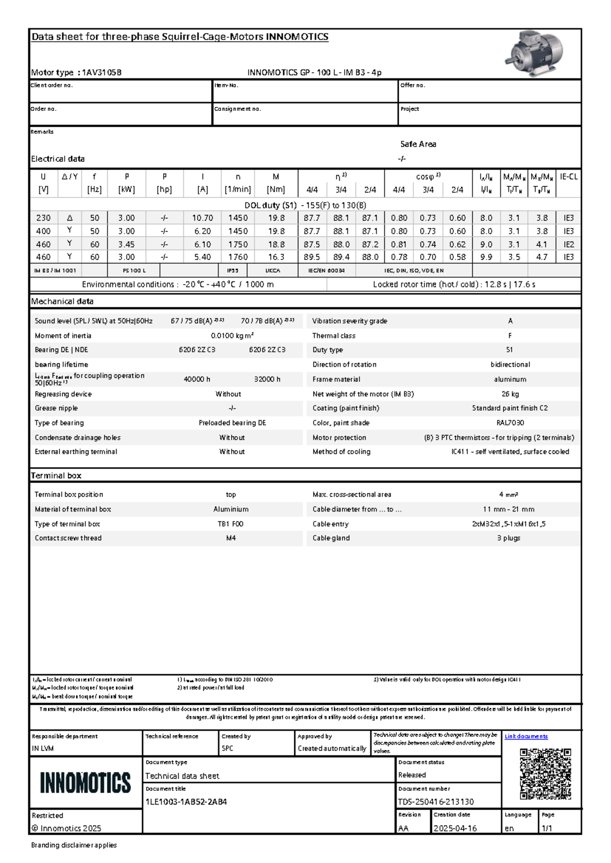 INNOMOTICS Motor Data Sheet: 1AV3105B Technical Specs - Studocu