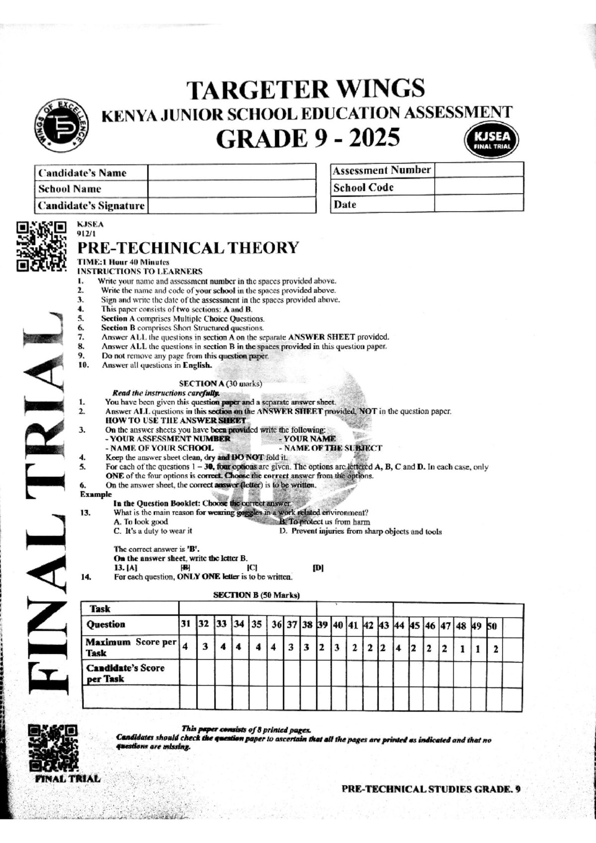 Targeter KJSEA Final Trial Assessment for Grade 9 Pre-Tech - Studocu