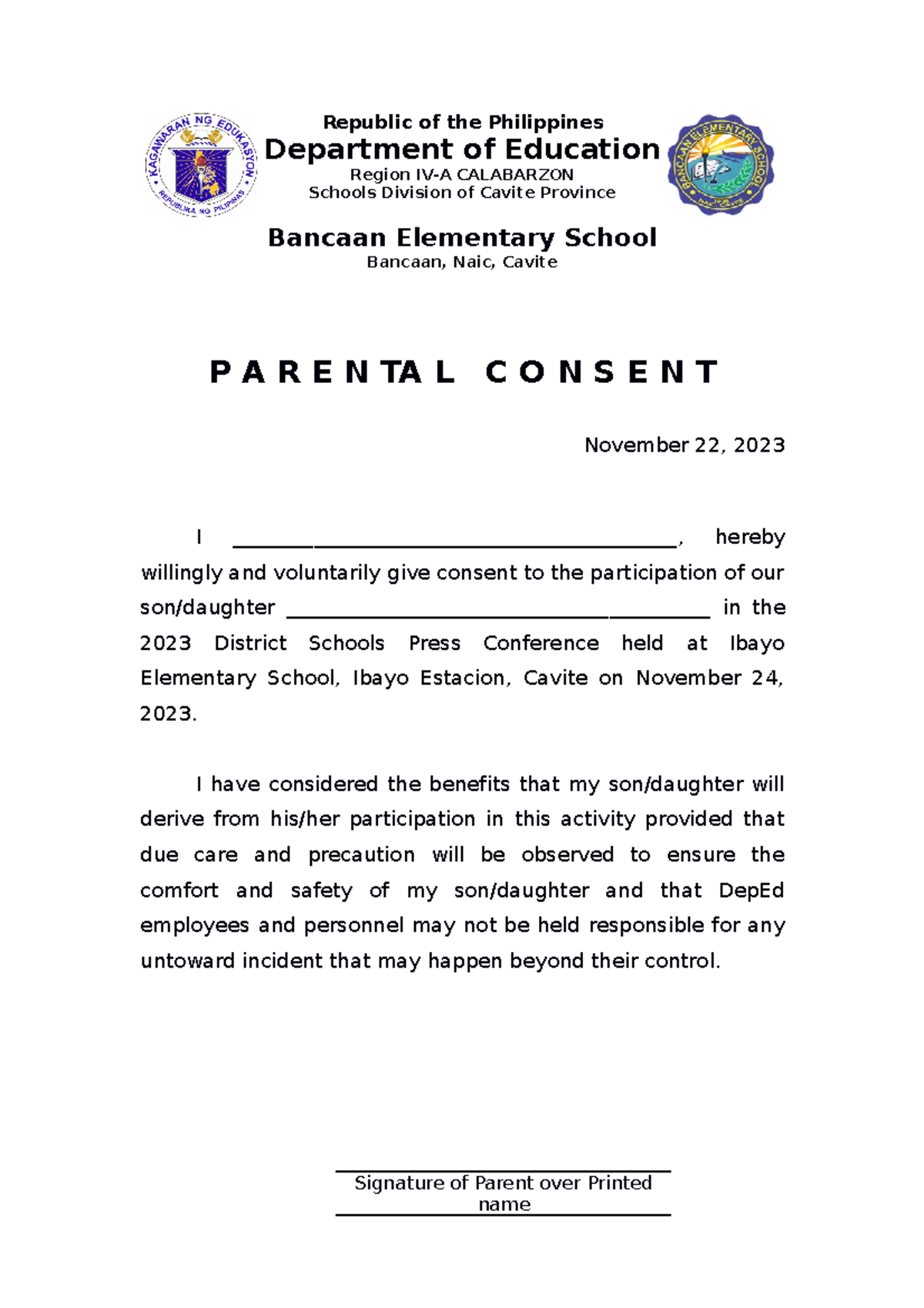 Parental Consent Forms for 2023 Press Conferences - DepEd - Studocu