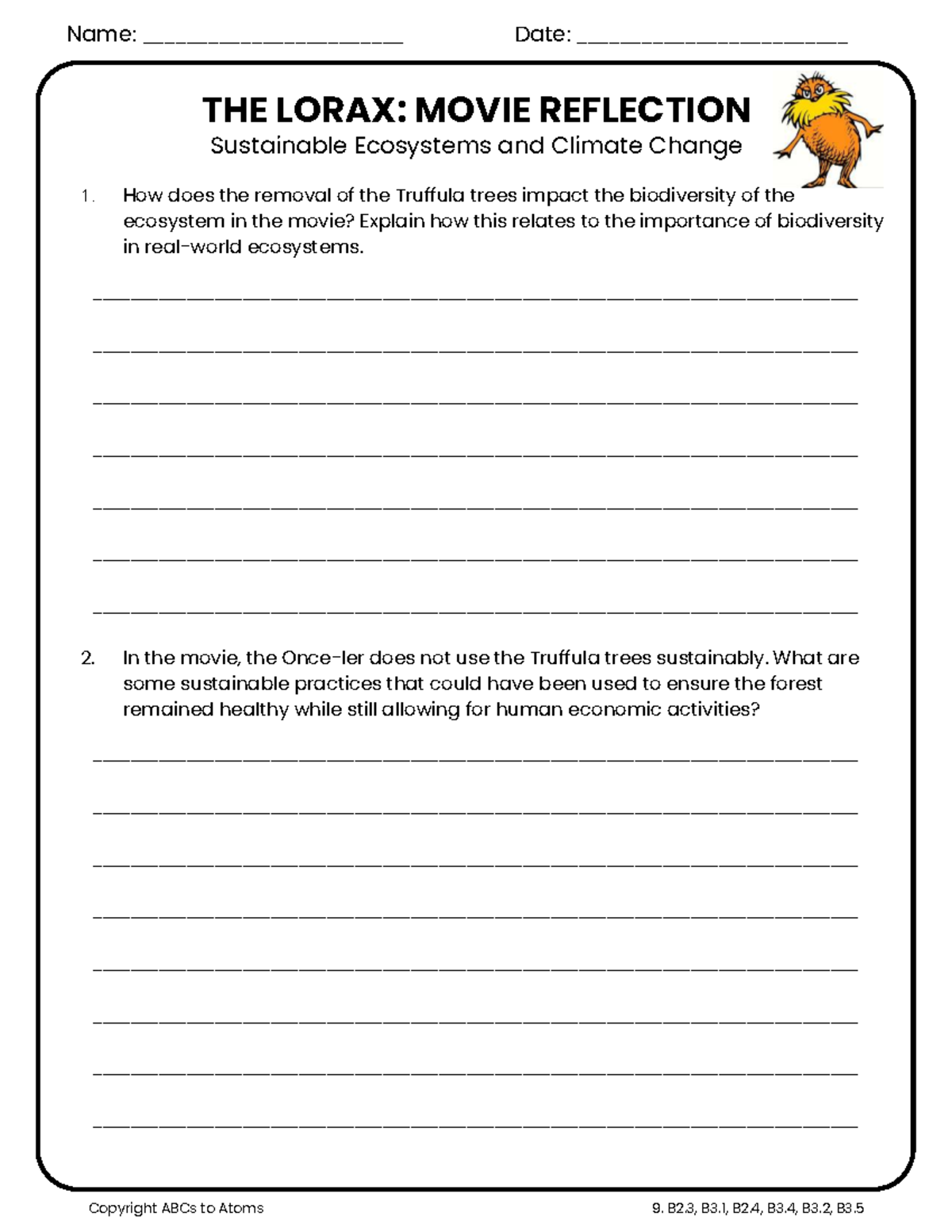 The Lorax Movie Reflection: Ecosystems & Sustainability (ABCs to Atoms ...