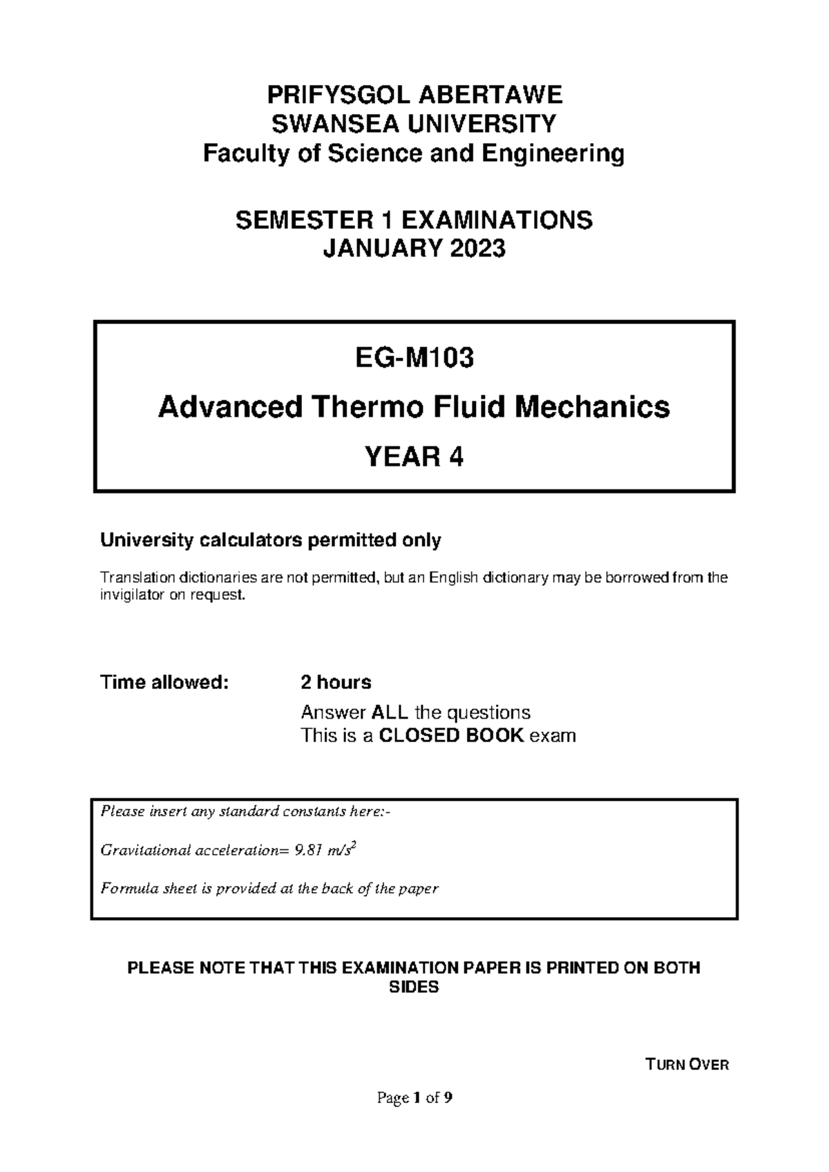 EG-M103 Advanced Thermo Fluid Mechanics Exam Paper January 2023 - Studocu