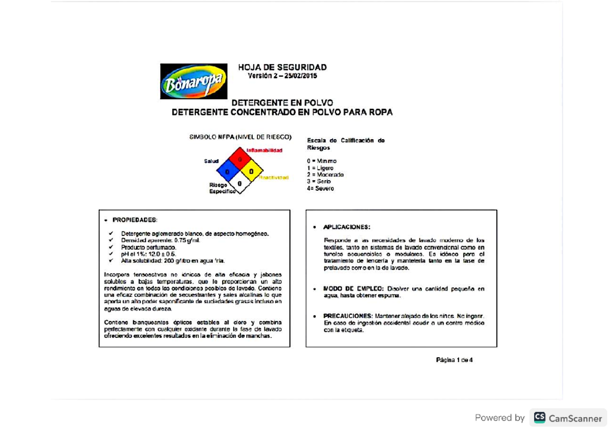 Hoja de Seguridad: Detergente en Polvo Bonaropa - Versión 2 - Studocu