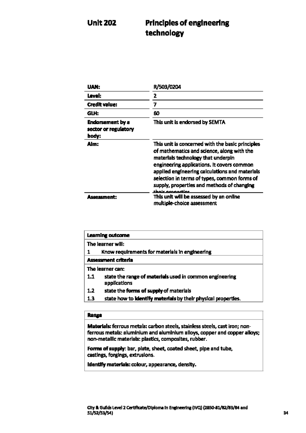 Unit 202 IVQ Course Outline: Principles of Engineering Technology - Studocu