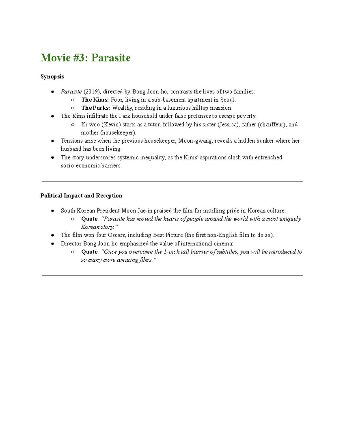 Parasite Movie Synopsis and Analysis - POL128 Notes - Studocu