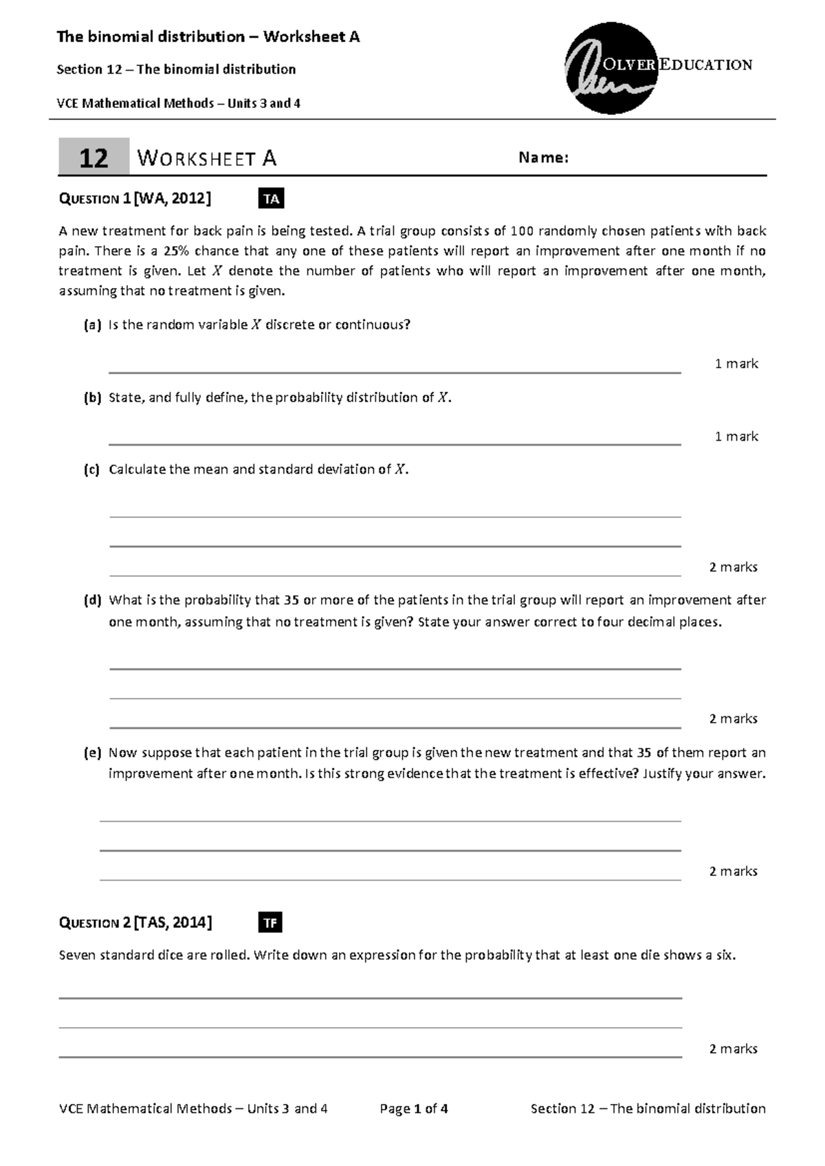 Yr12 Maths MM The Binomial Distribution Worksheet A Solutions - Studocu